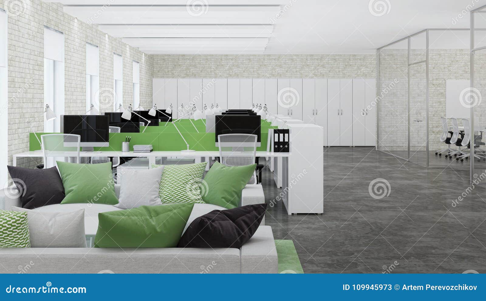 Office Space. Design of Office. 3D Rendering. Stock Illustration ...