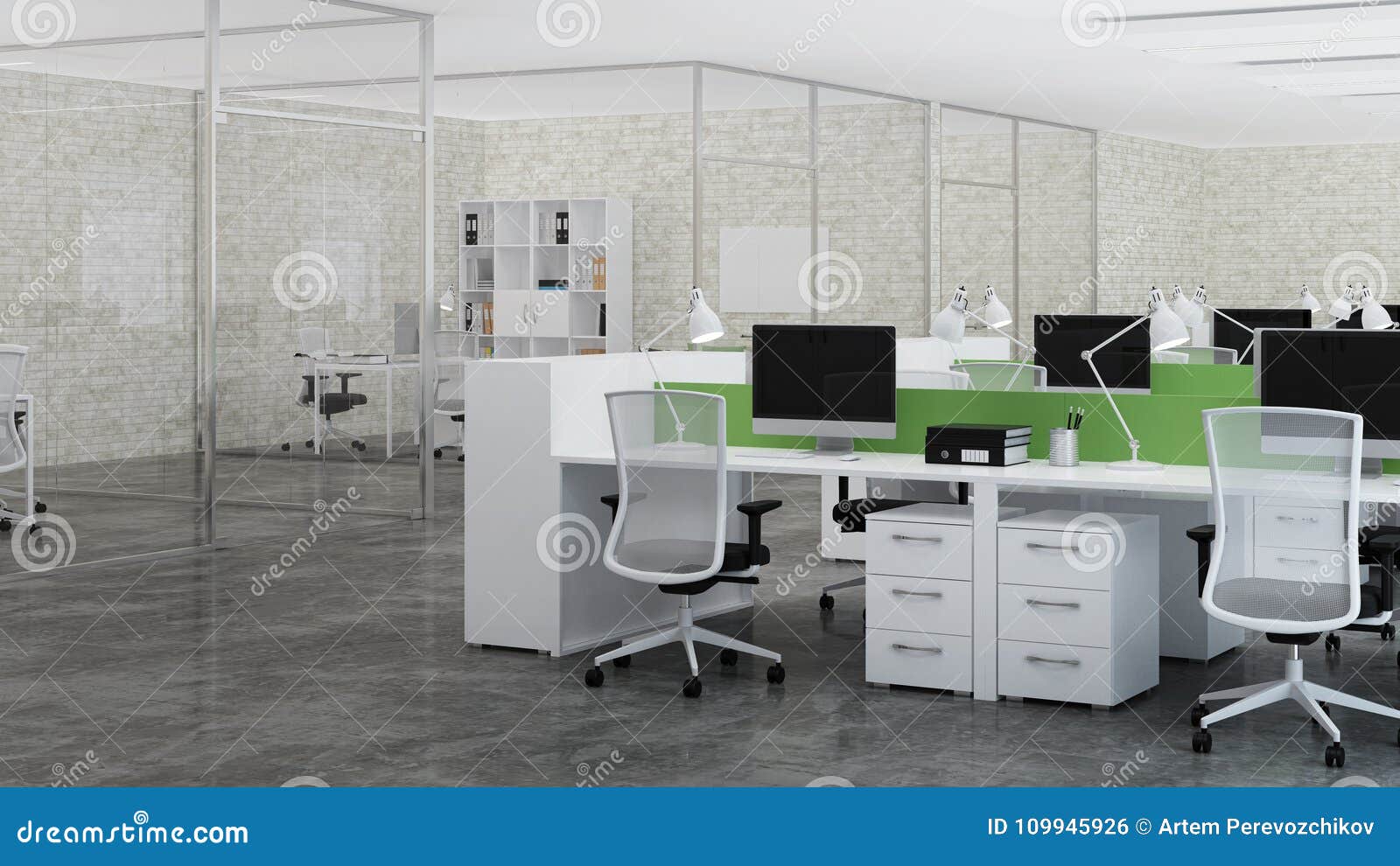 Office Space. Design of Office. 3D Rendering. Stock Photo - Image of ...