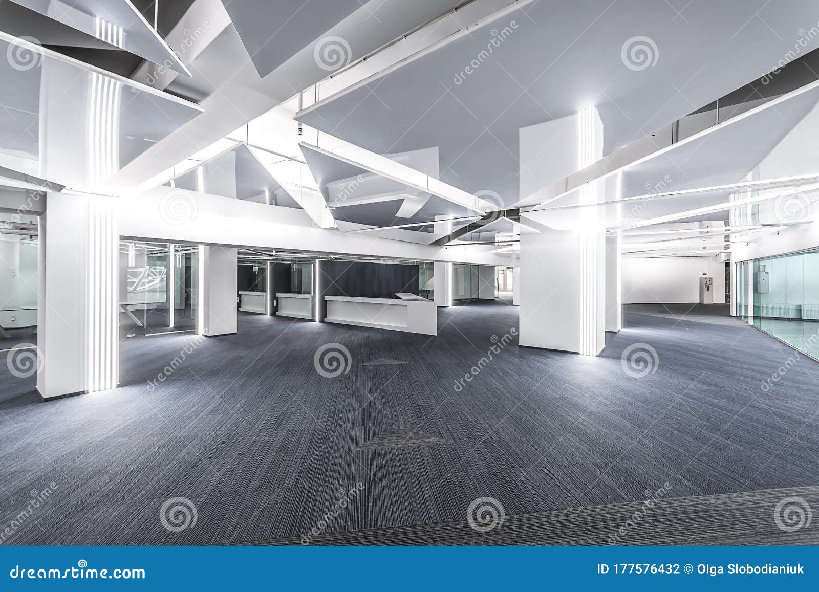 Office Space Lobby with Expressive Ceiling Geometry Stock Photo - Image ...