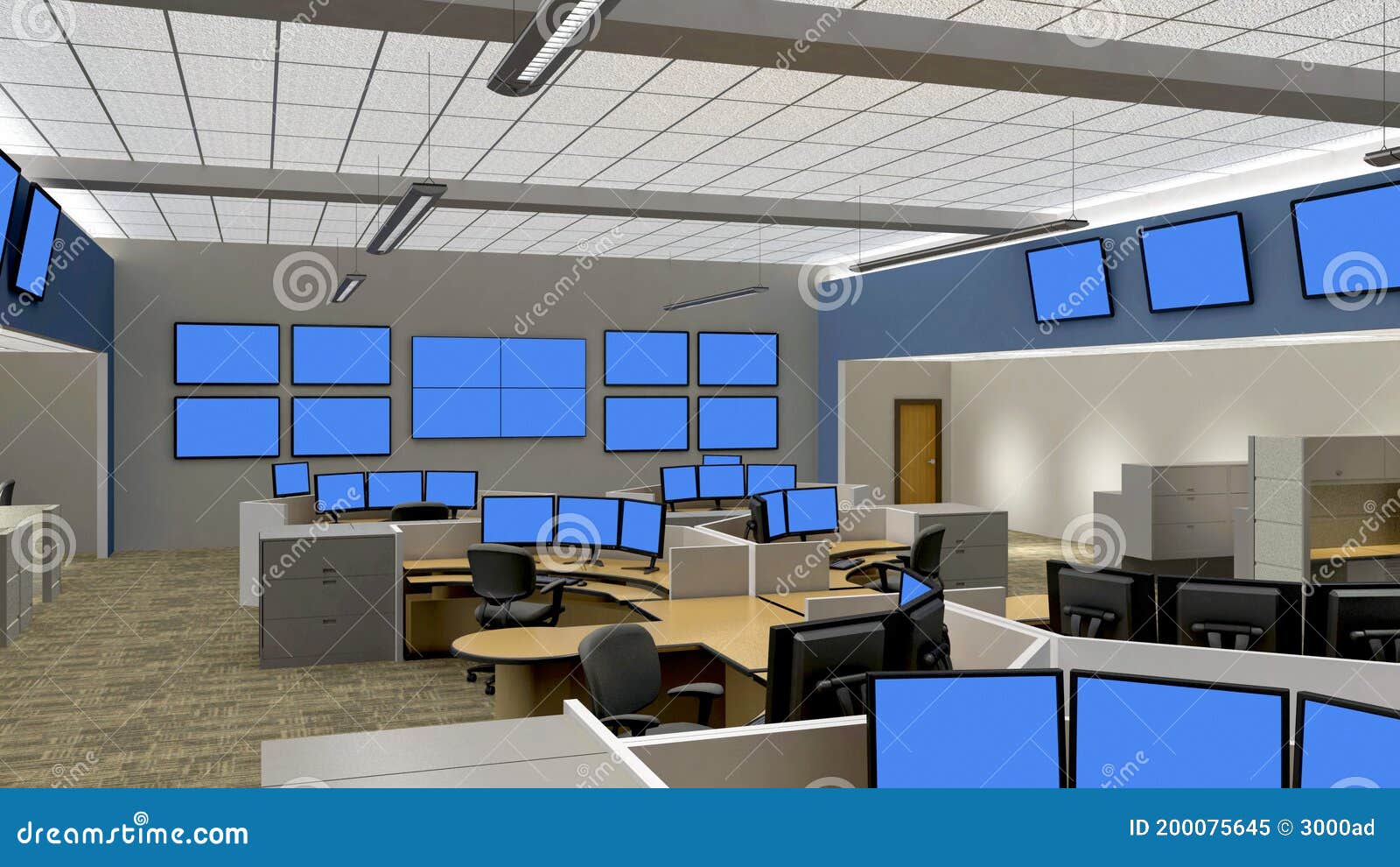 Office Space with Cubicles and Monitors Stock Illustration ...