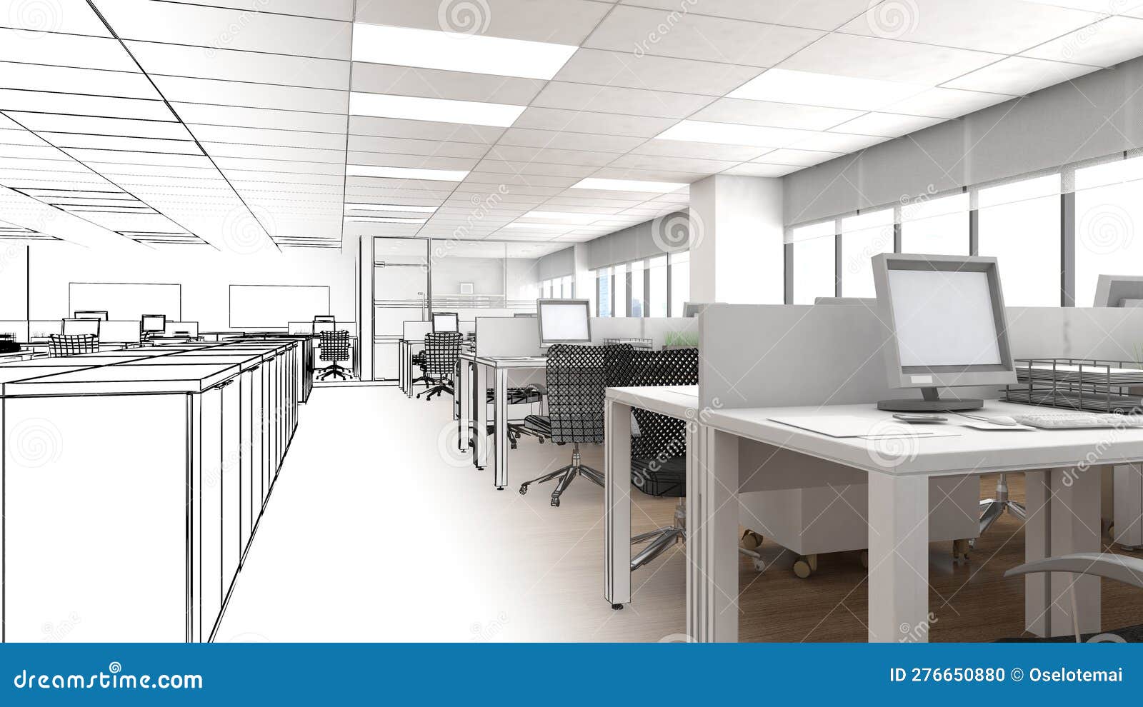Office Space for Working with Computers, Office Equipment,line Art,3d ...