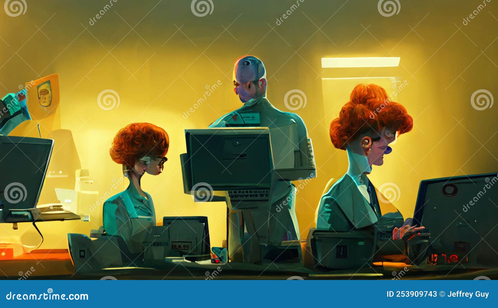 Office Staff Members in Front of Their Computers at Their Workstations ...