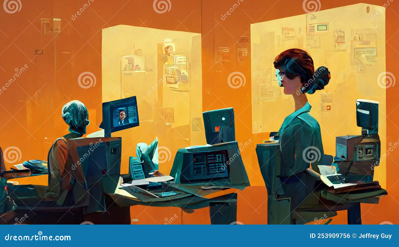 Office Staff Members in Front of Their Computers at Their Workstations ...