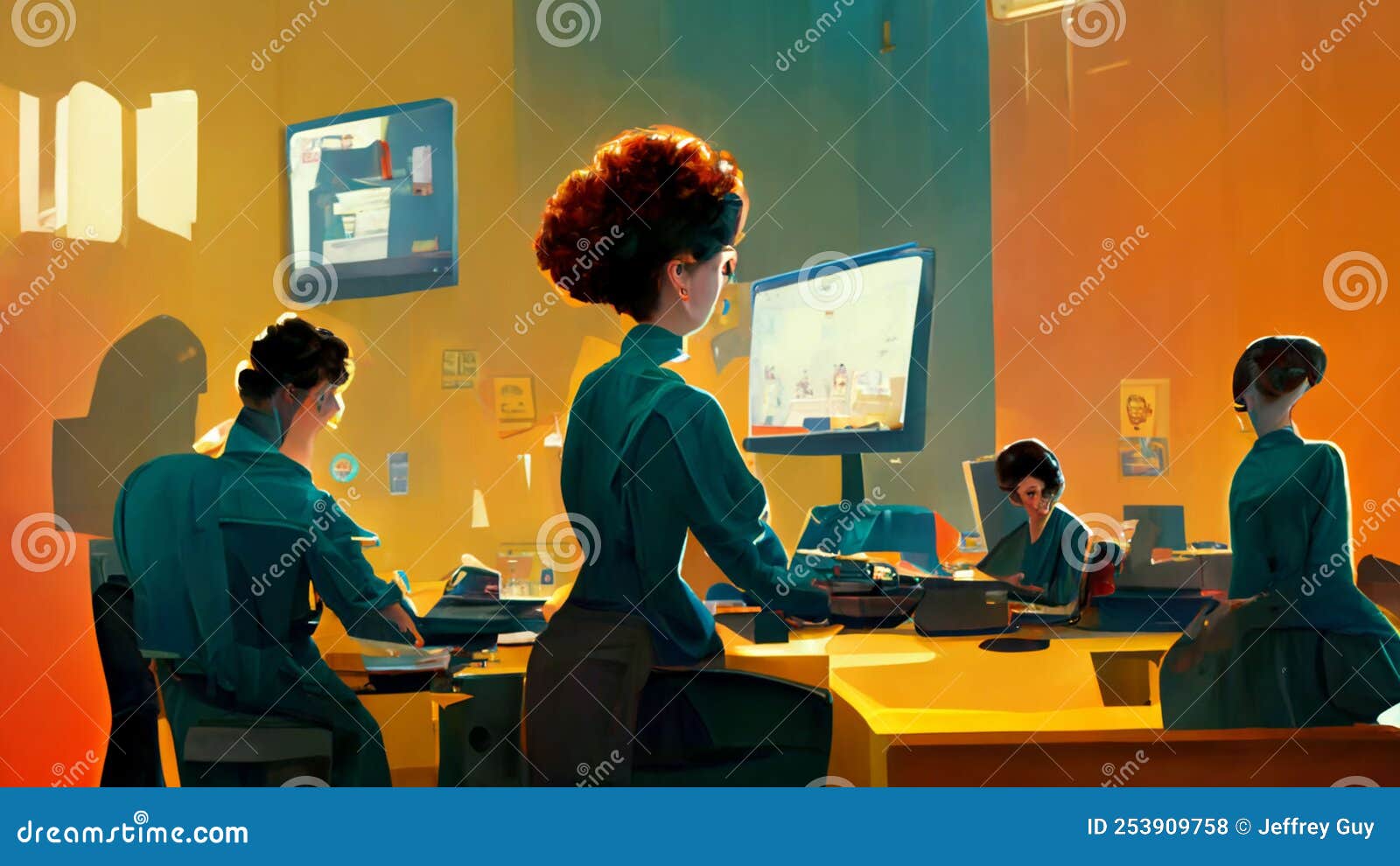 Office Staff Members in Front of Their Computers at Their Workstations ...