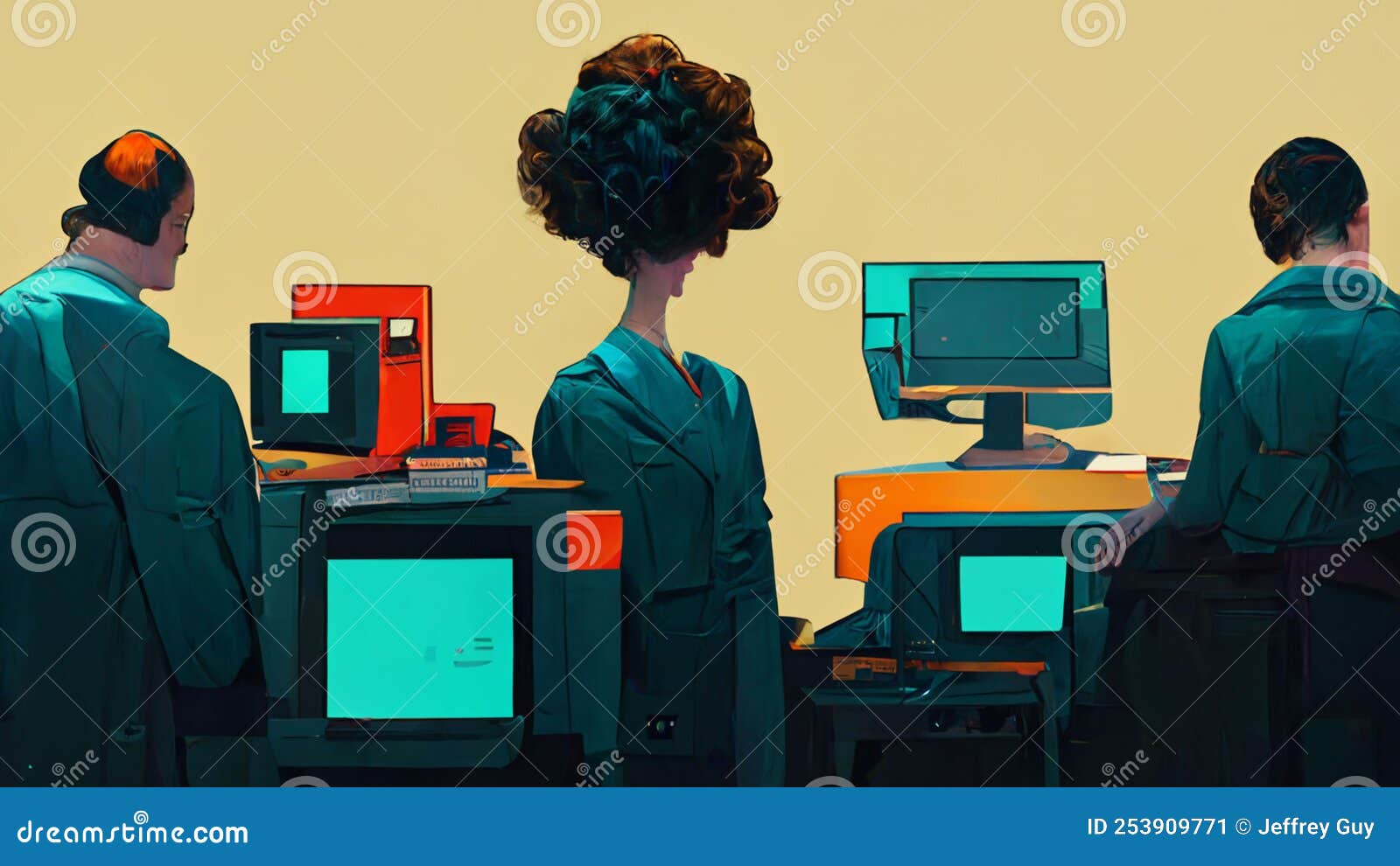 Office Staff Members in Front of Their Computers at Their Workstations ...