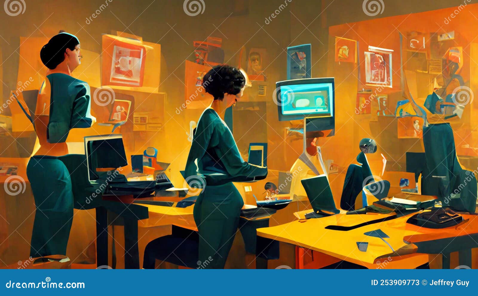 Office Staff Members in Front of Their Computers at Their Workstations ...