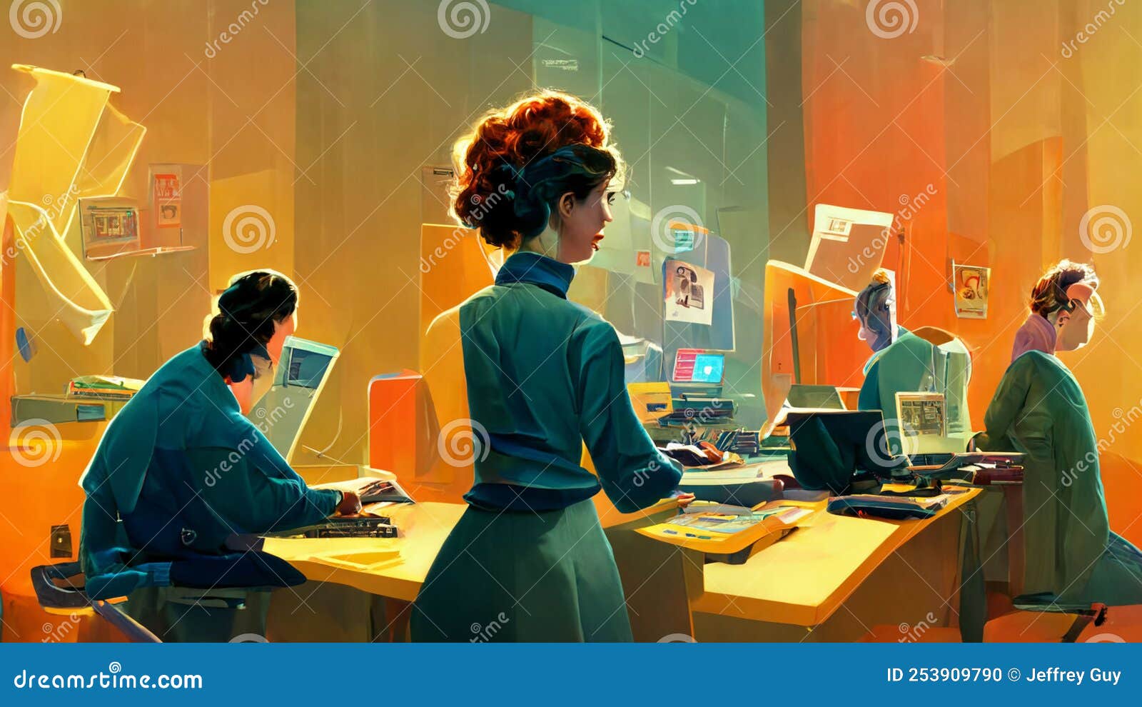 Office Staff Members in Front of Their Computers at Their Workstations ...
