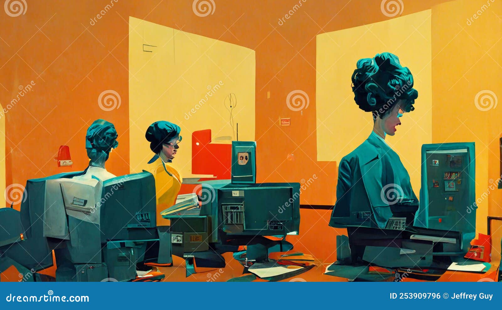Office Staff Members in Front of Their Computers at Their Workstations ...