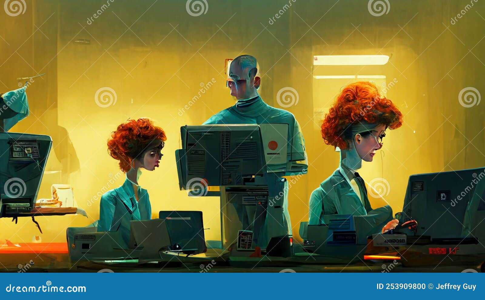 Office Staff Members in Front of Their Computers at Their Workstations ...