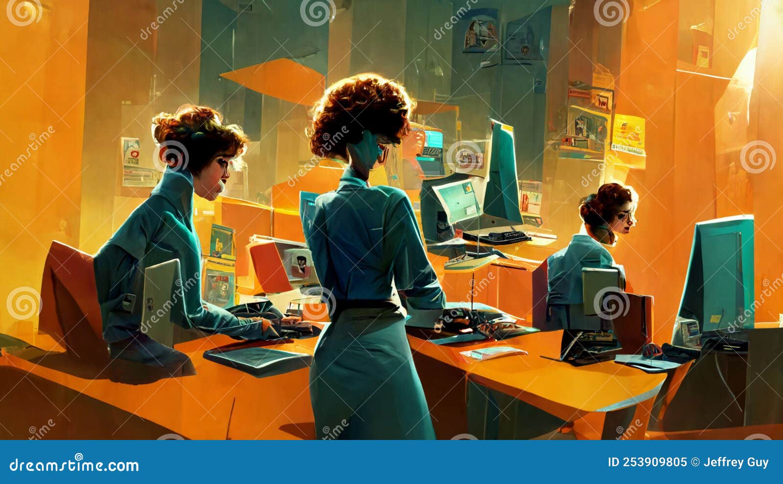Office Staff Members in Front of Their Computers at Their Workstations ...