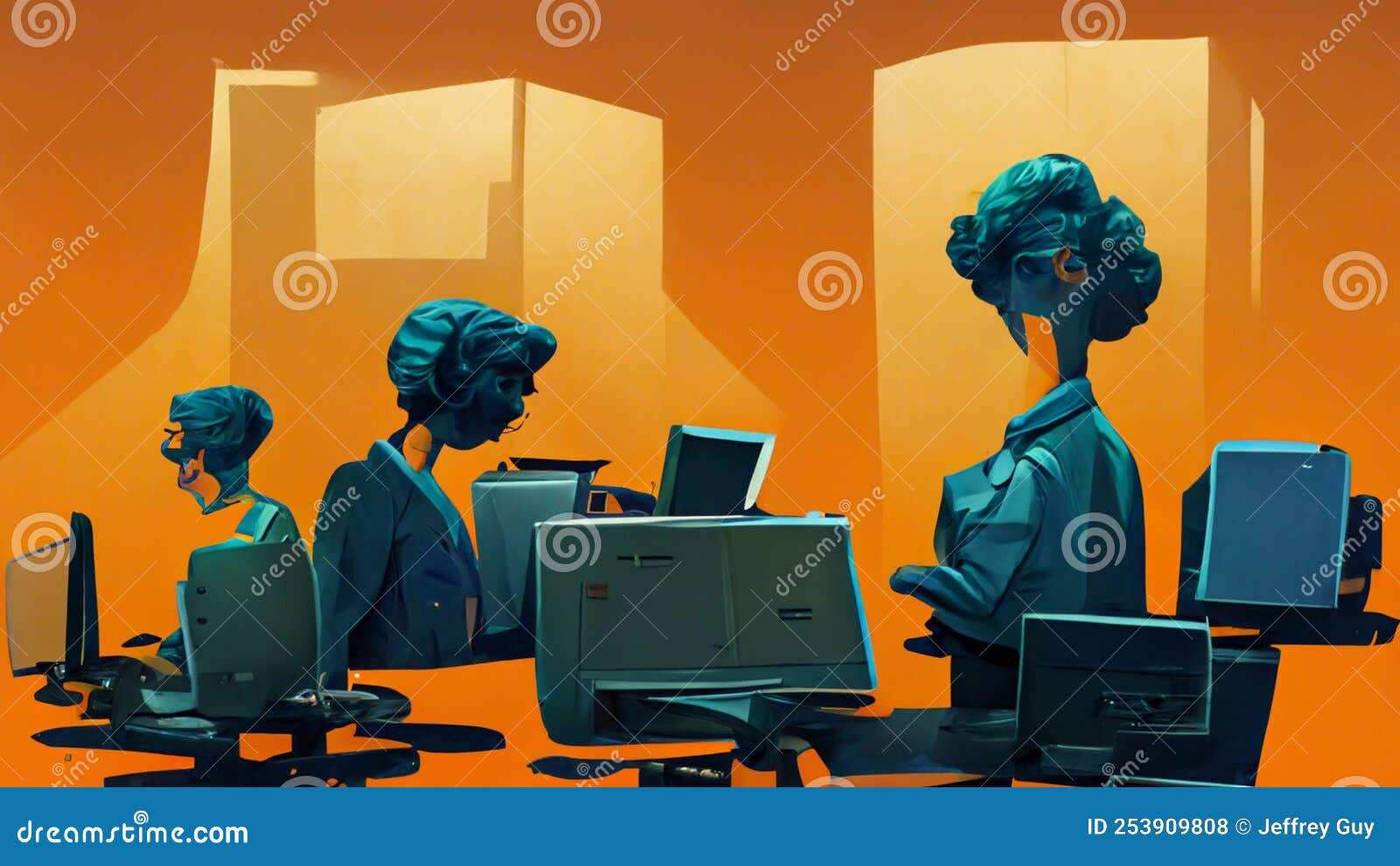 Office Staff Members in Front of Their Computers at Their Workstations ...