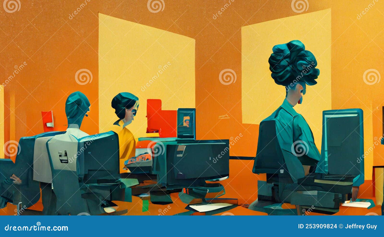 Office Staff Members in Front of Their Computers at Their Workstations ...