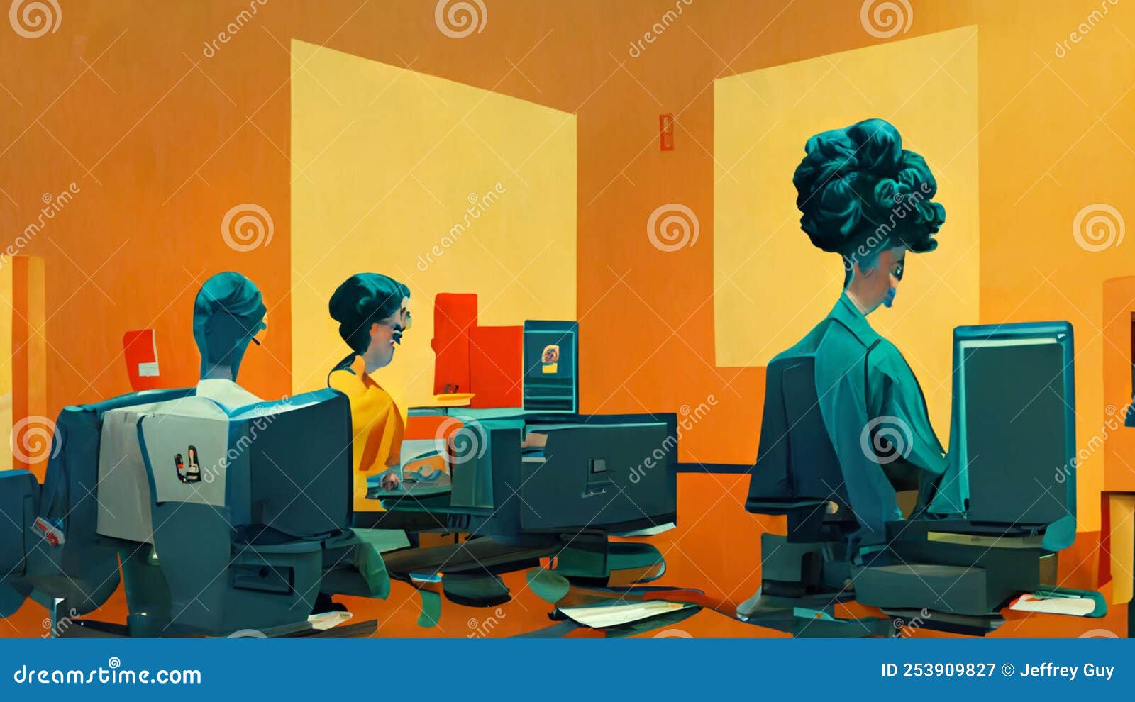 Office Staff Members in Front of Their Computers at Their Workstations ...