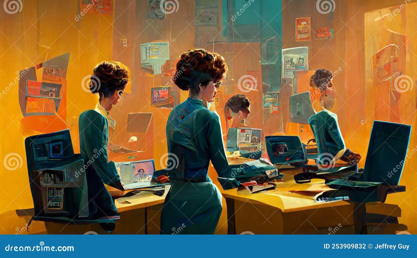 Office Staff Members in Front of Their Computers at Their Workstations ...