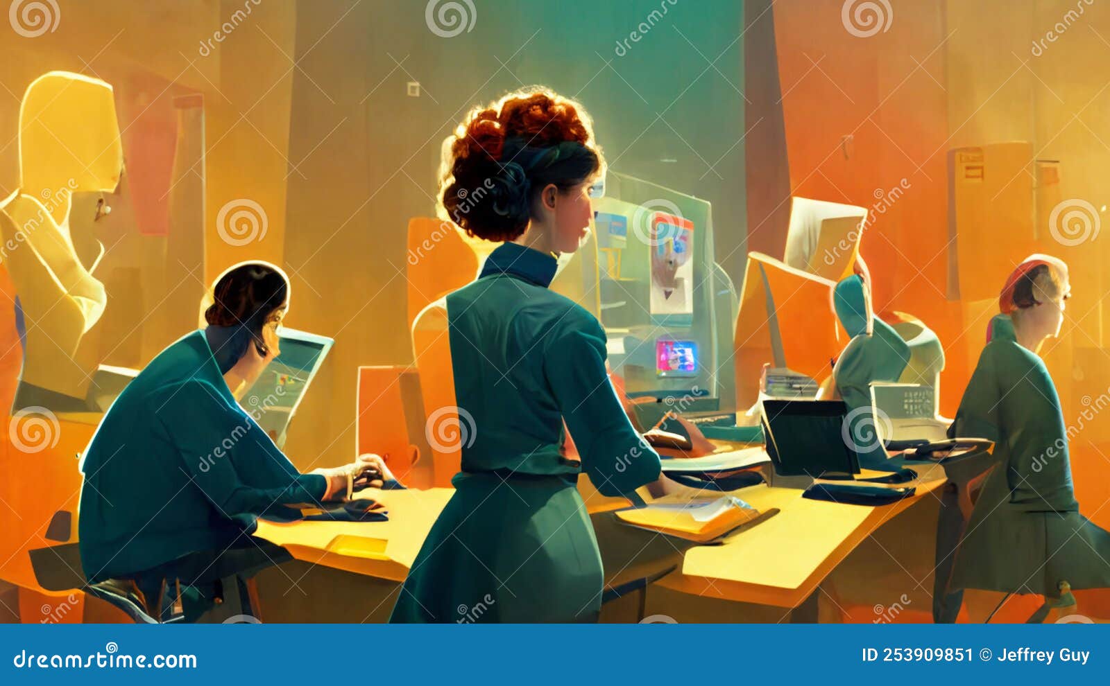 Office Staff Members in Front of Their Computers at Their Workstations ...
