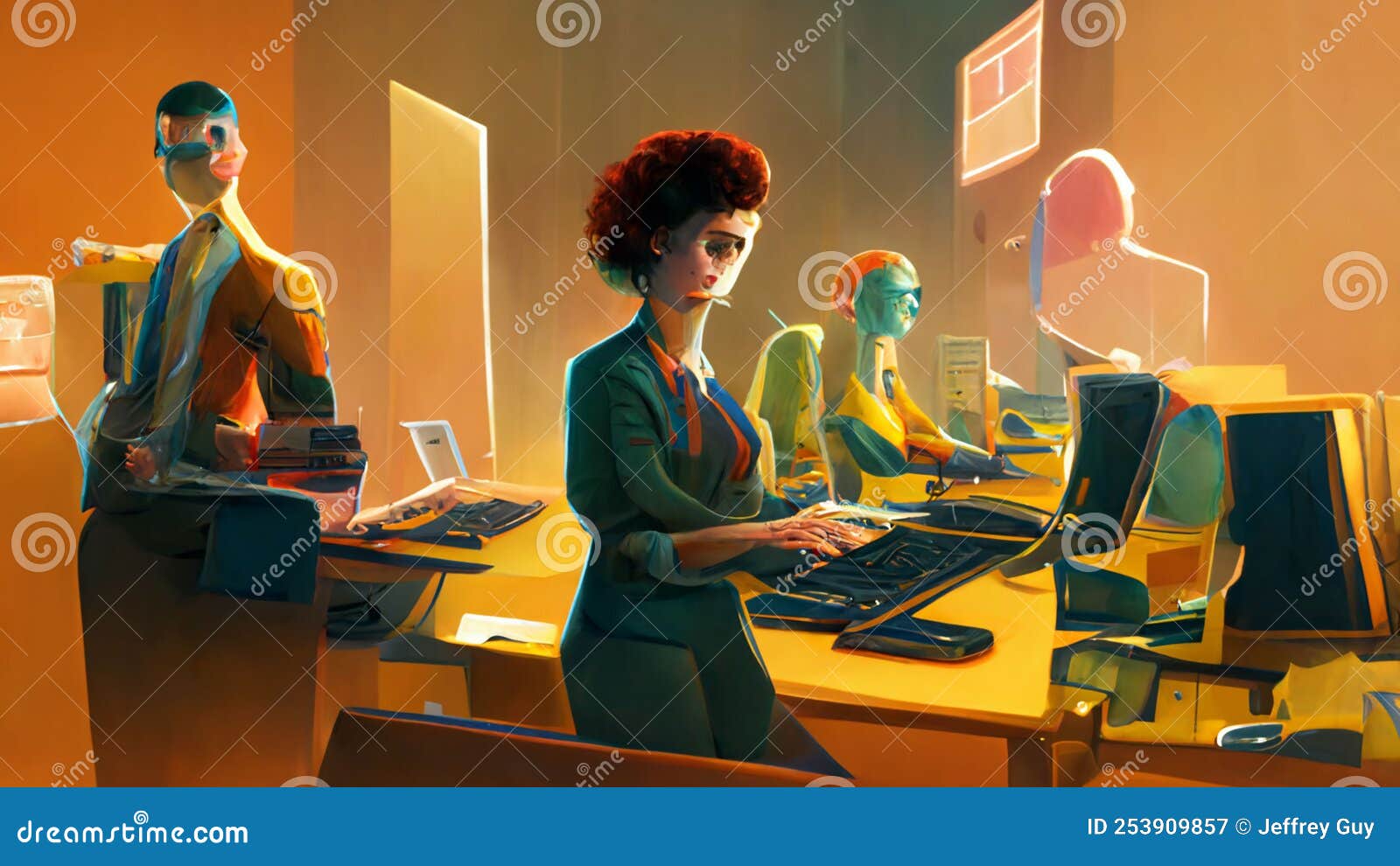 Office Staff Members in Front of Their Computers at Their Workstations ...
