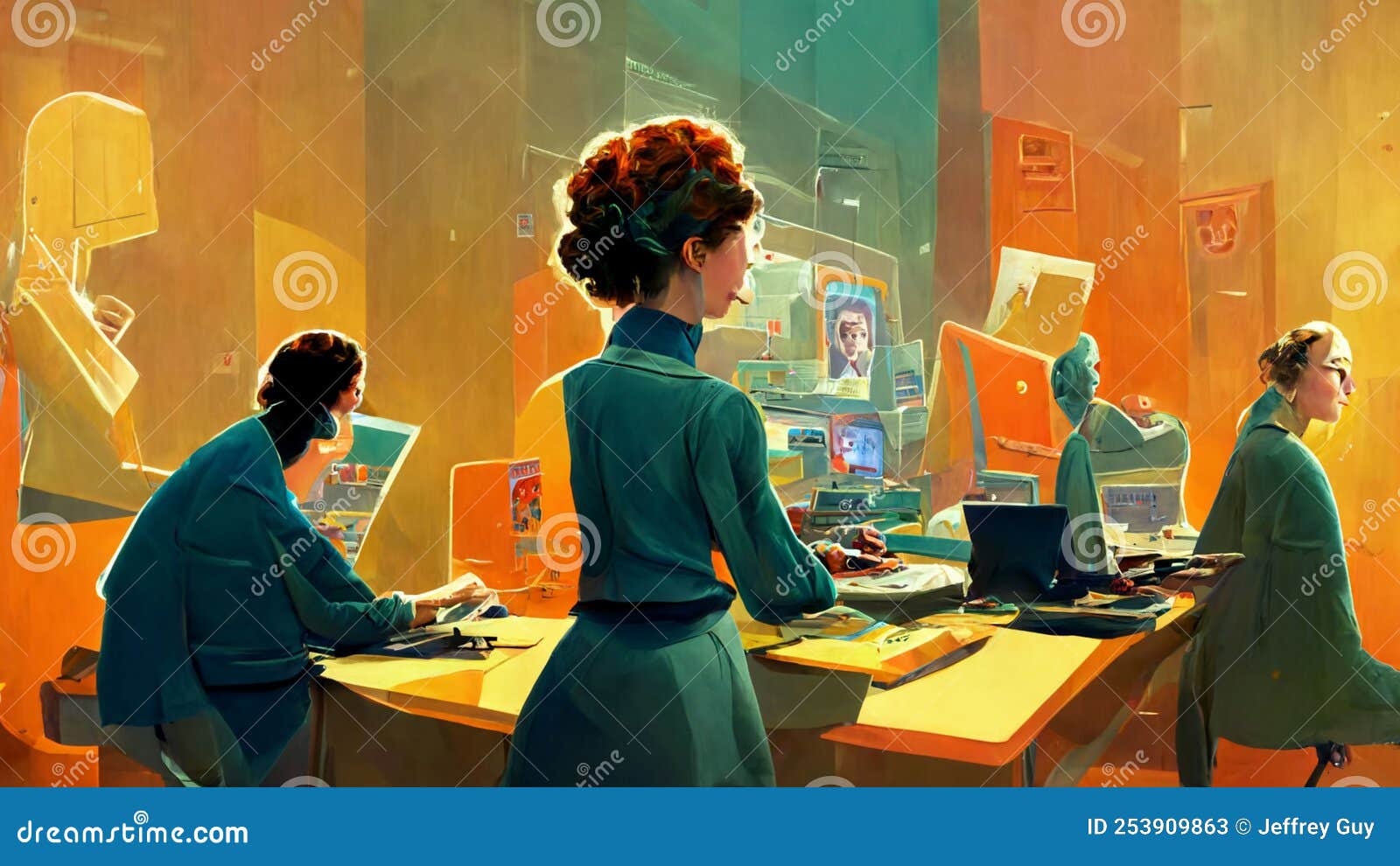 Office Staff Members in Front of Their Computers at Their Workstations ...