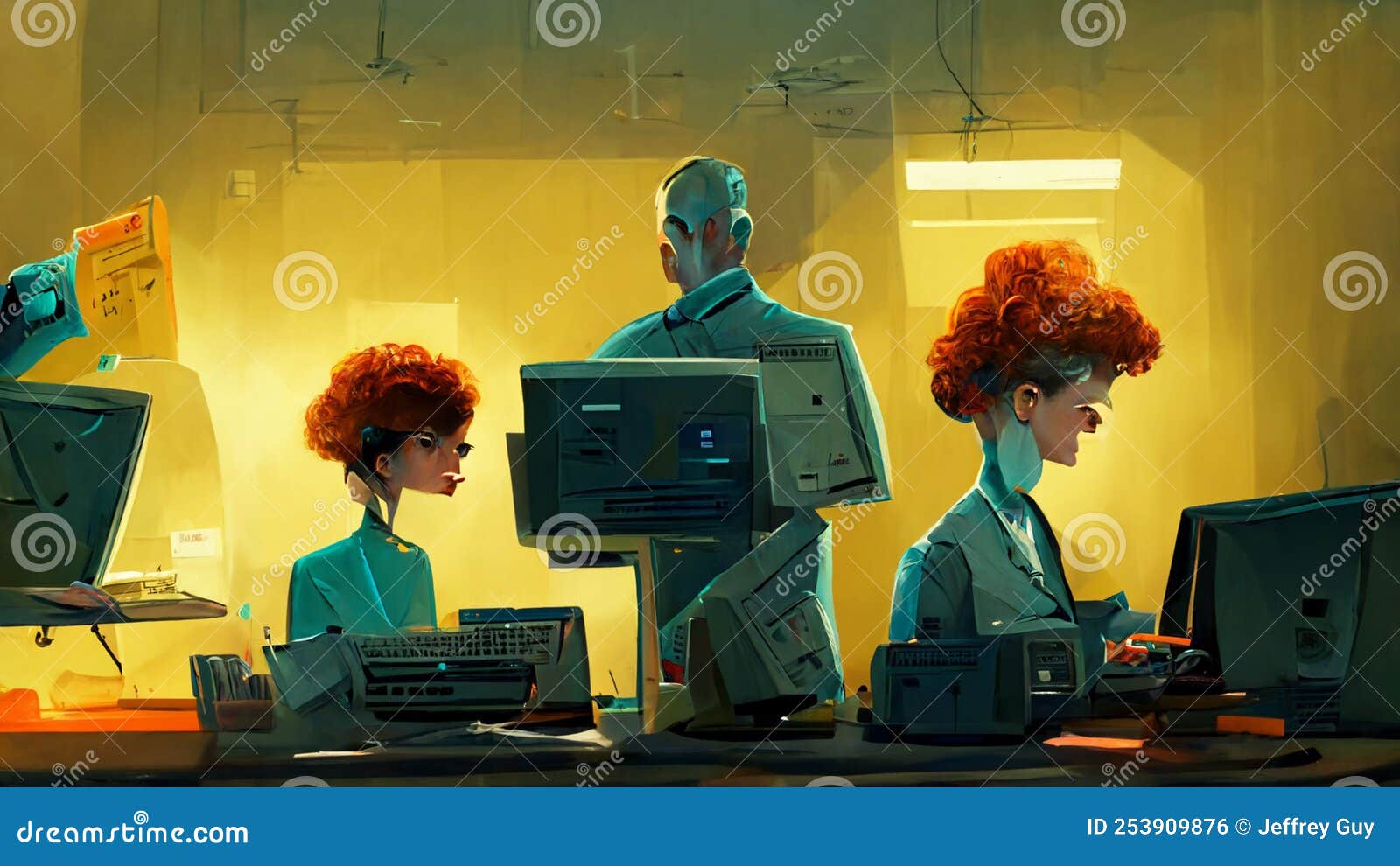 Office Staff Members in Front of Their Computers at Their Workstations ...