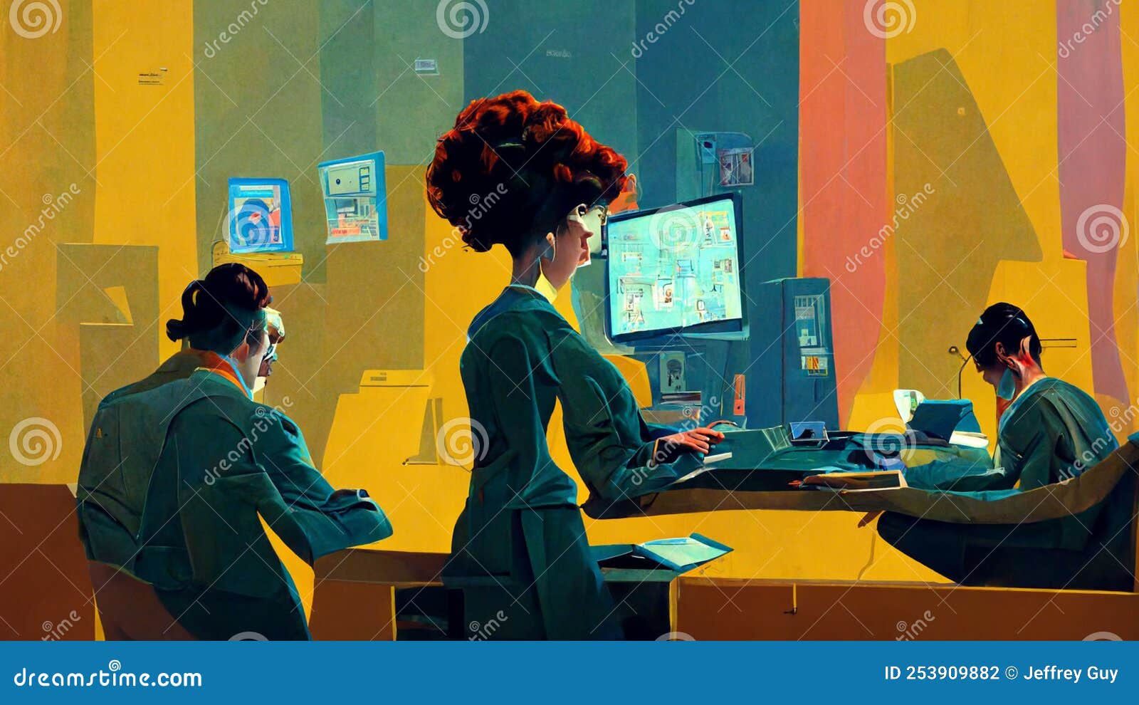 Office Staff Members in Front of Their Computers at Their Workstations ...