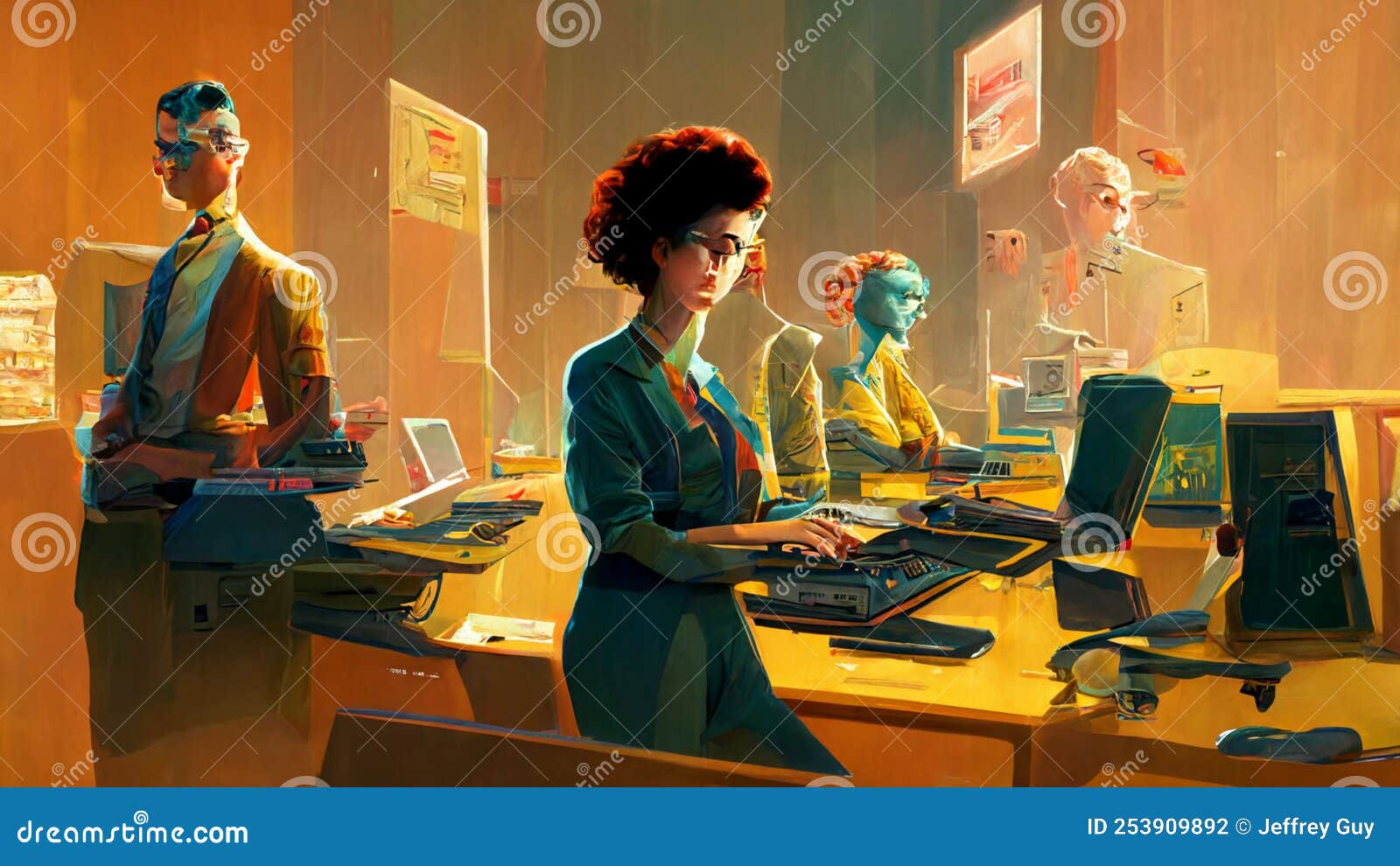 Office Staff Members in Front of Their Computers at Their Workstations ...
