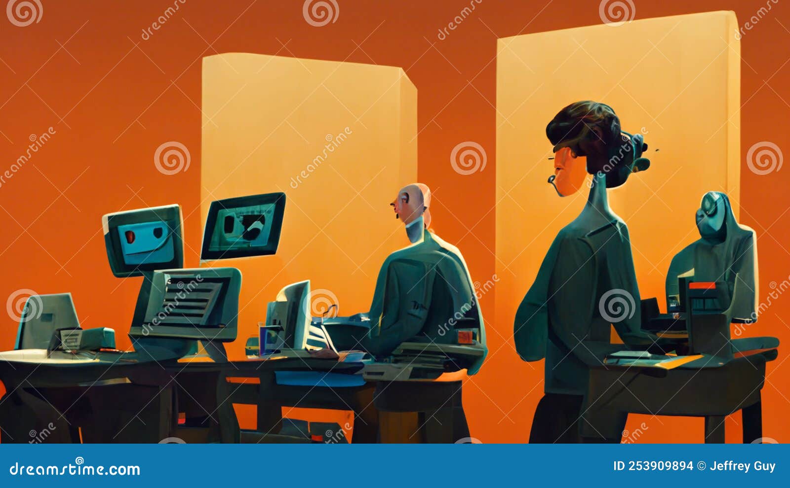 Office Staff Members in Front of Their Computers at Their Workstations ...