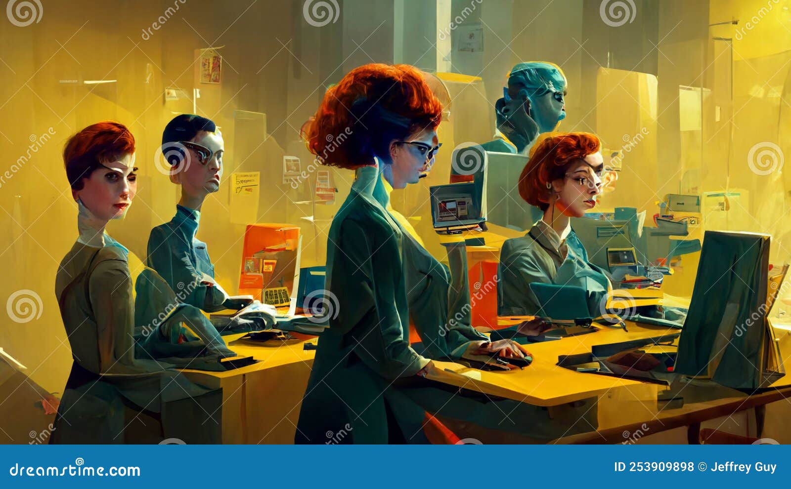 Office Staff Members in Front of Their Computers at Their Workstations ...