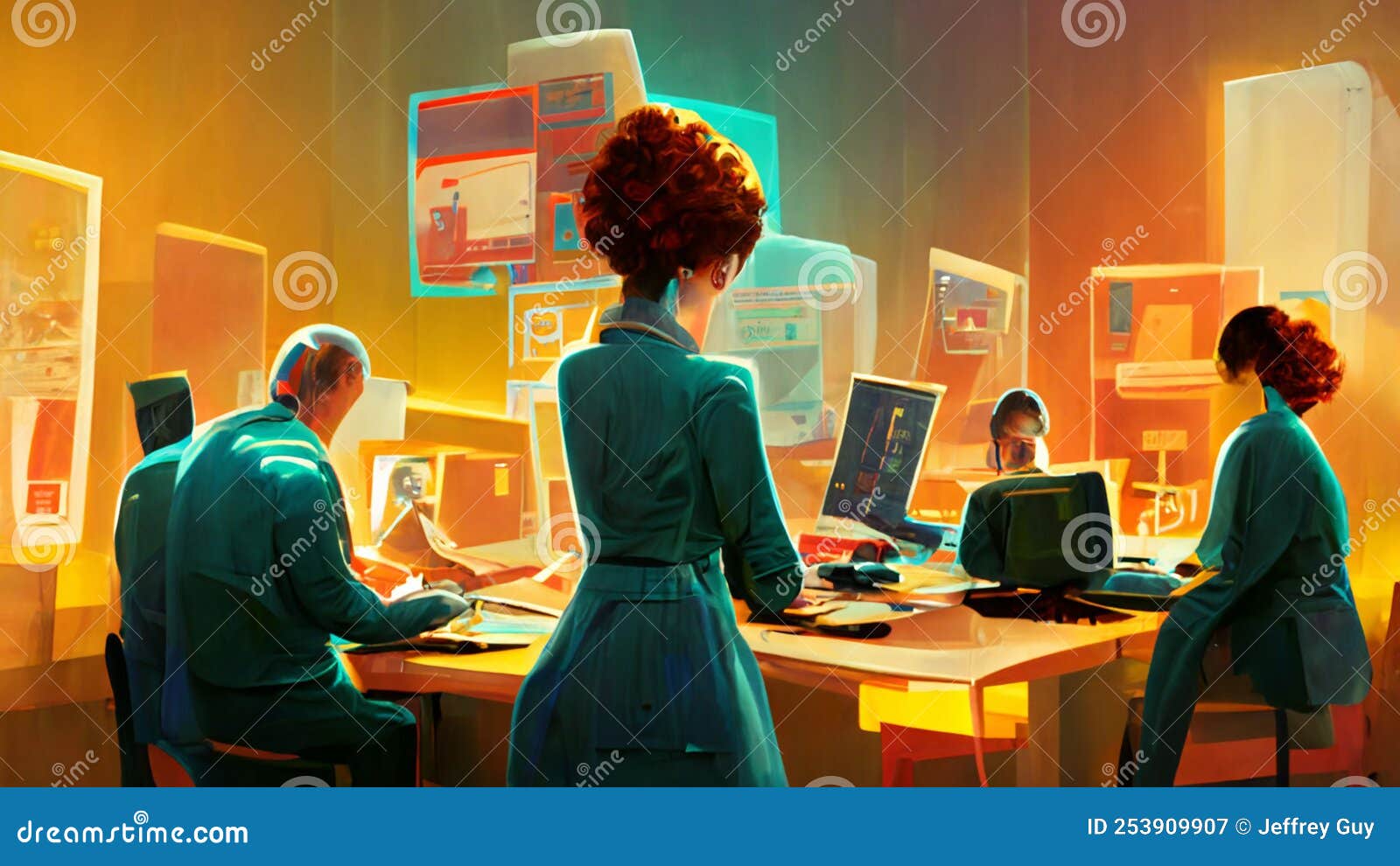 Office Staff Members in Front of Their Computers at Their Workstations ...