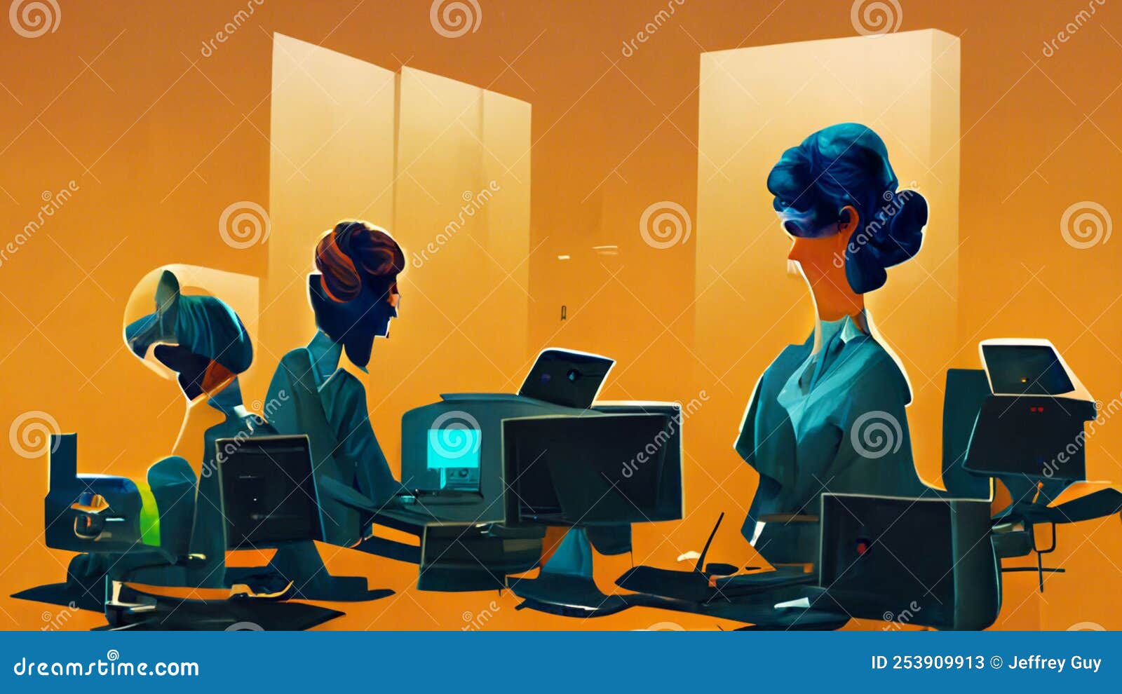 Office Staff Members in Front of Their Computers at Their Workstations ...