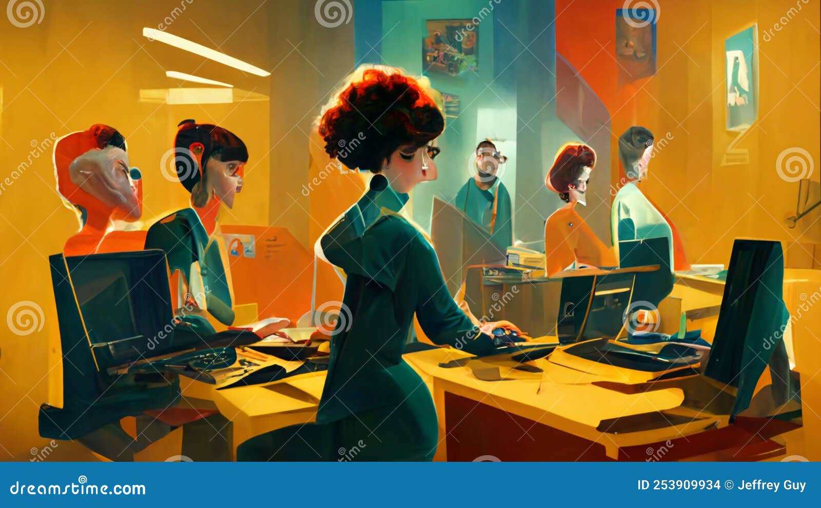 Office Staff Members in Front of Their Computers at Their Workstations ...