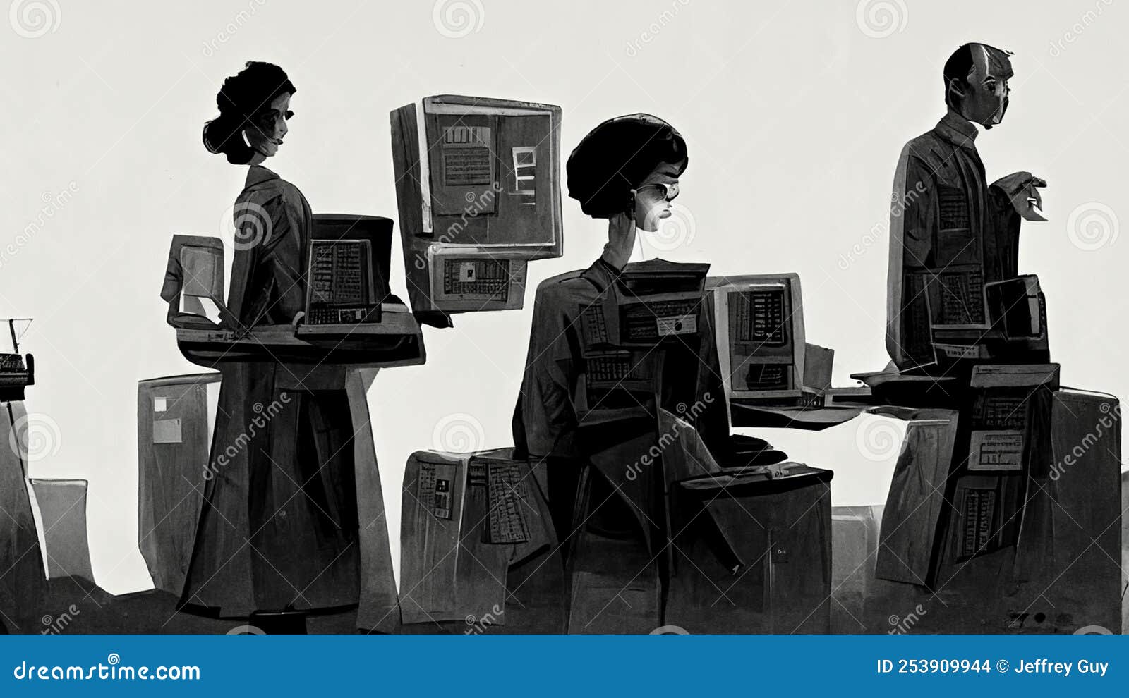 Office Staff Members in Front of Their Computers at Their Workstations ...
