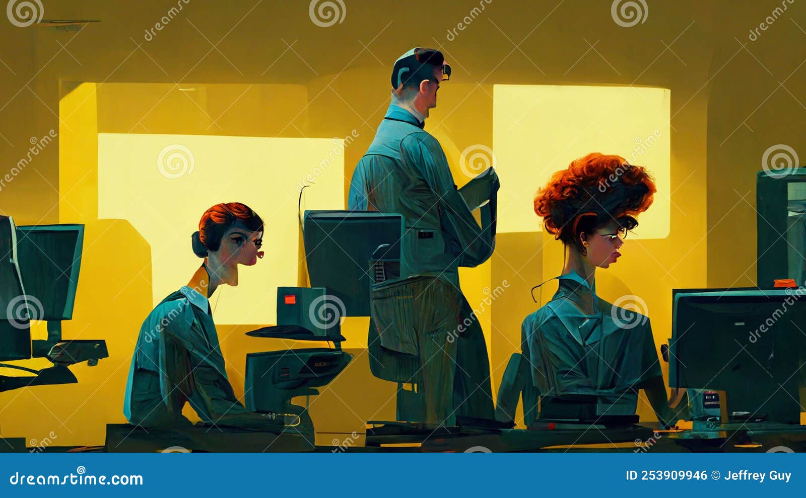 Office Staff Members in Front of Their Computers at Their Workstations ...