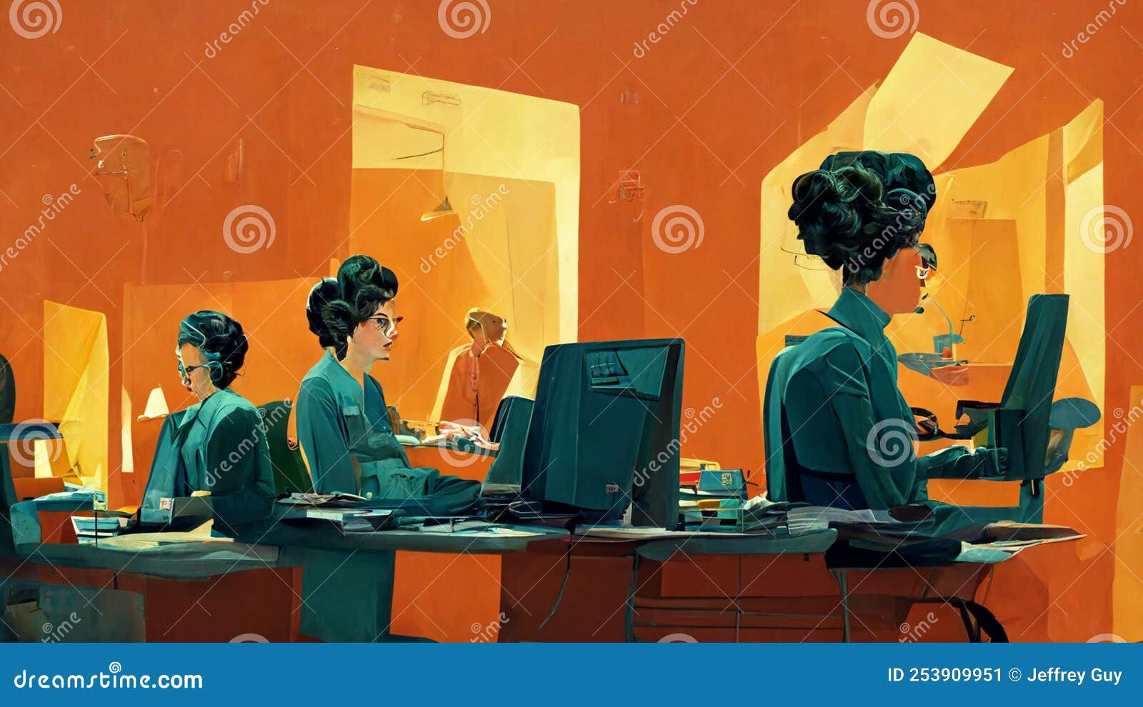 Office Staff Members in Front of Their Computers at Their Workstations ...