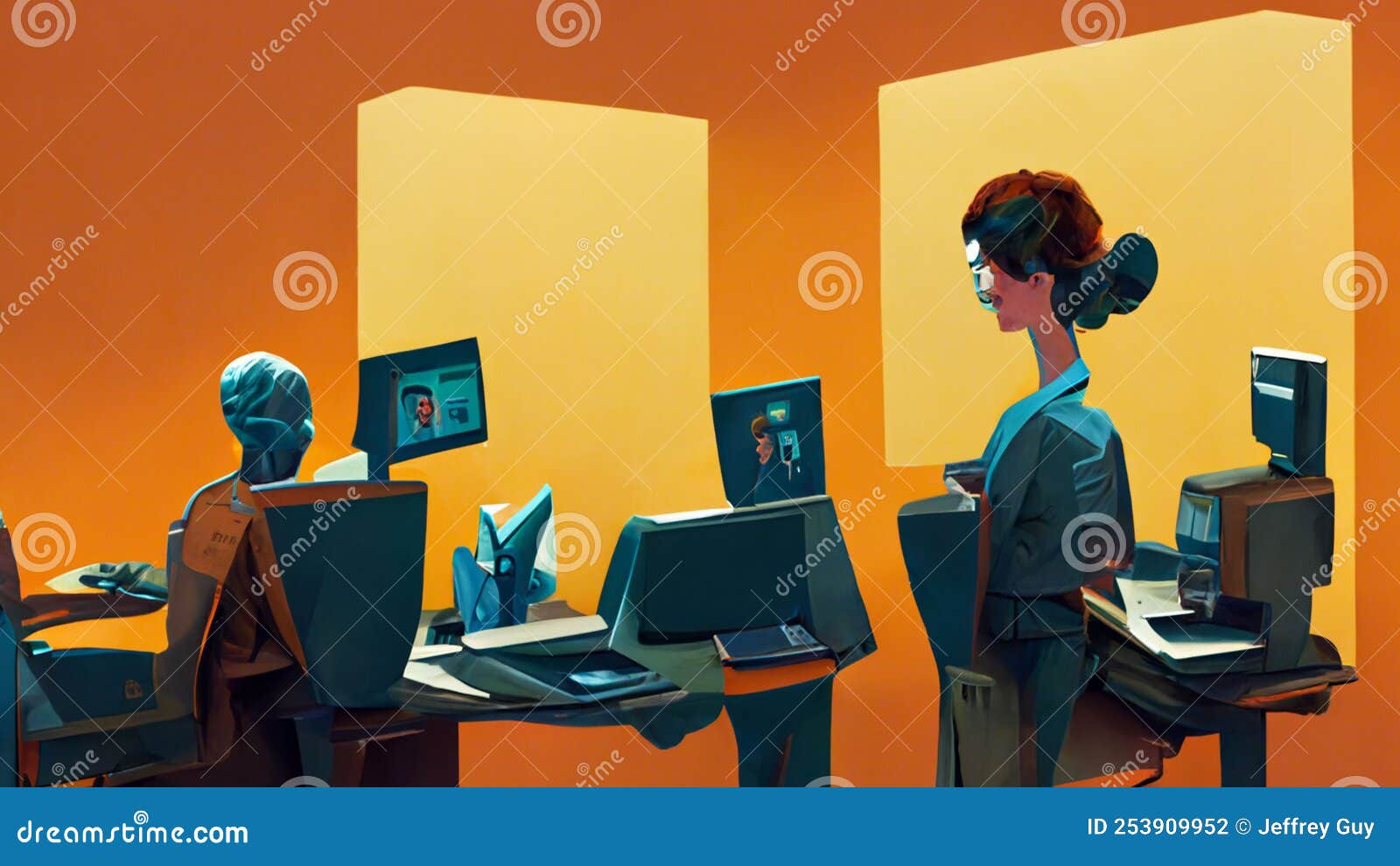Office Staff Members in Front of Their Computers at Their Workstations ...