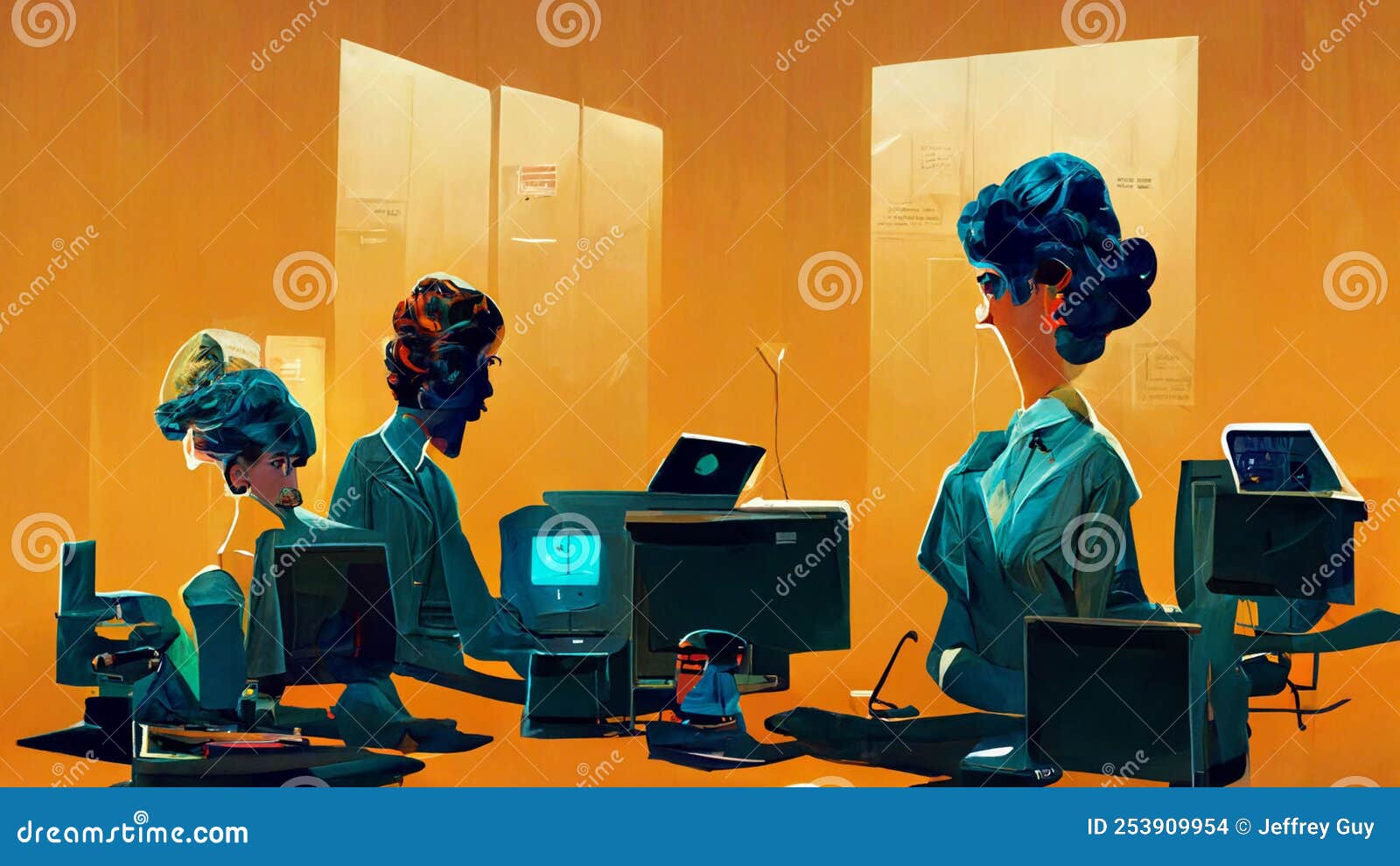 Office Staff Members in Front of Their Computers at Their Workstations ...