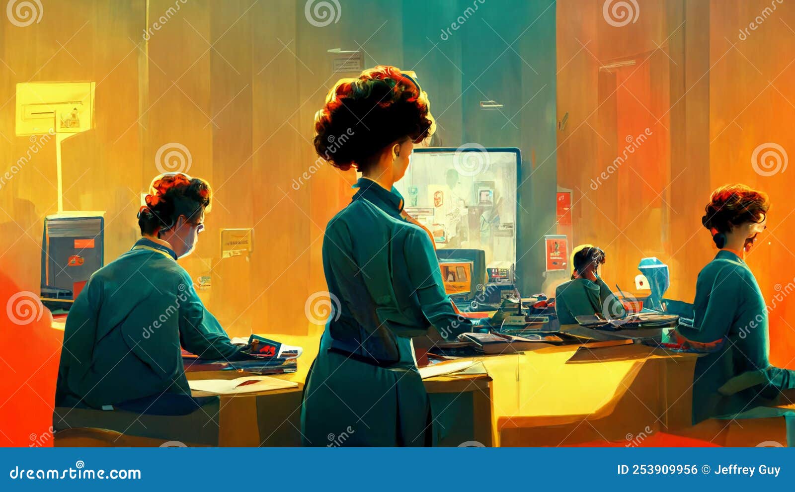 Office Staff Members in Front of Their Computers at Their Workstations ...