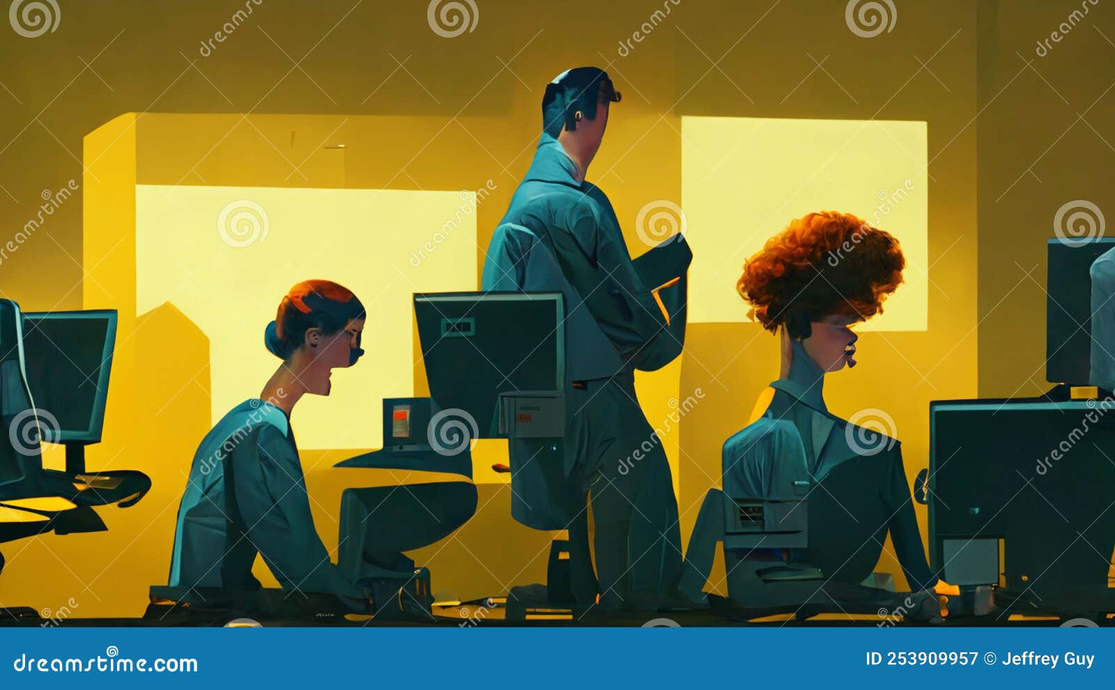 Office Staff Members in Front of Their Computers at Their Workstations ...