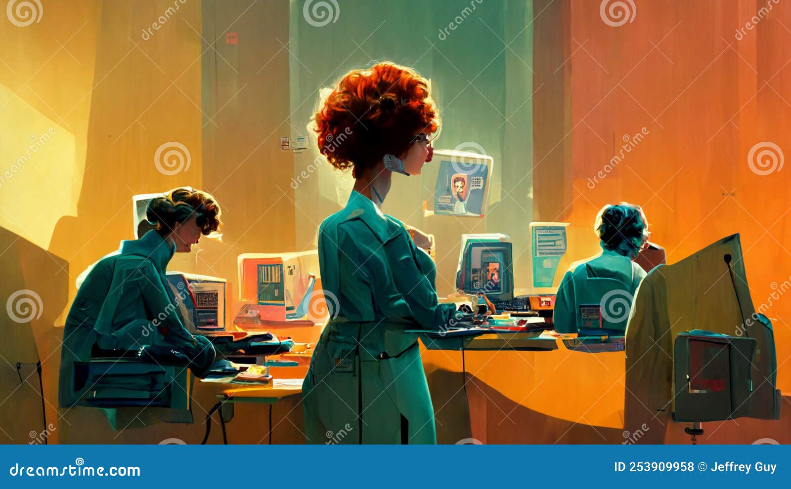 Office Staff Members in Front of Their Computers at Their Workstations ...