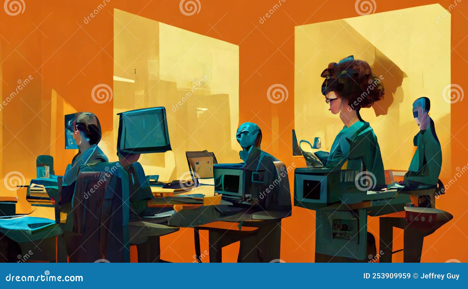 Office Staff Members in Front of Their Computers at Their Workstations ...