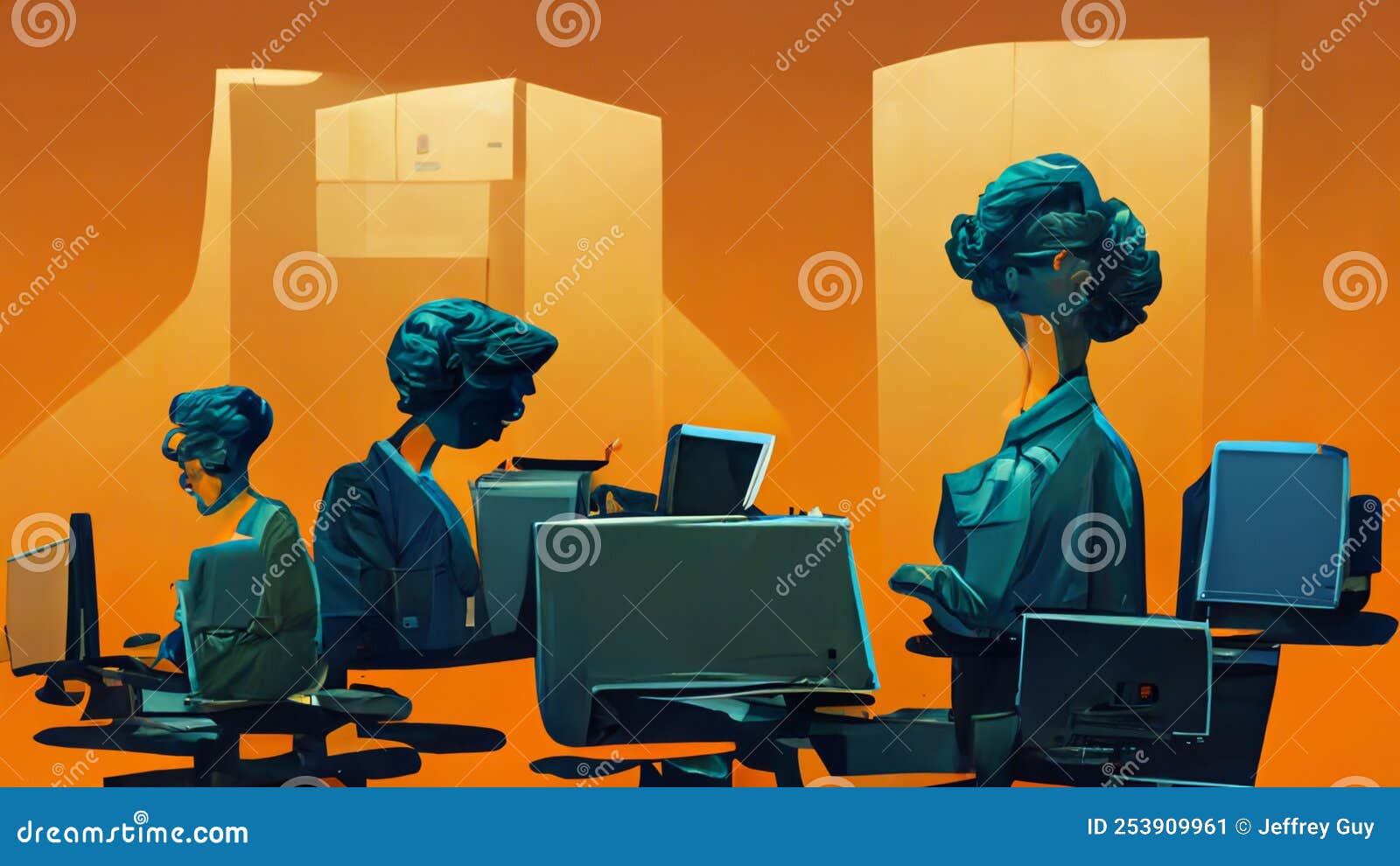 Office Staff Members in Front of Their Computers at Their Workstations ...