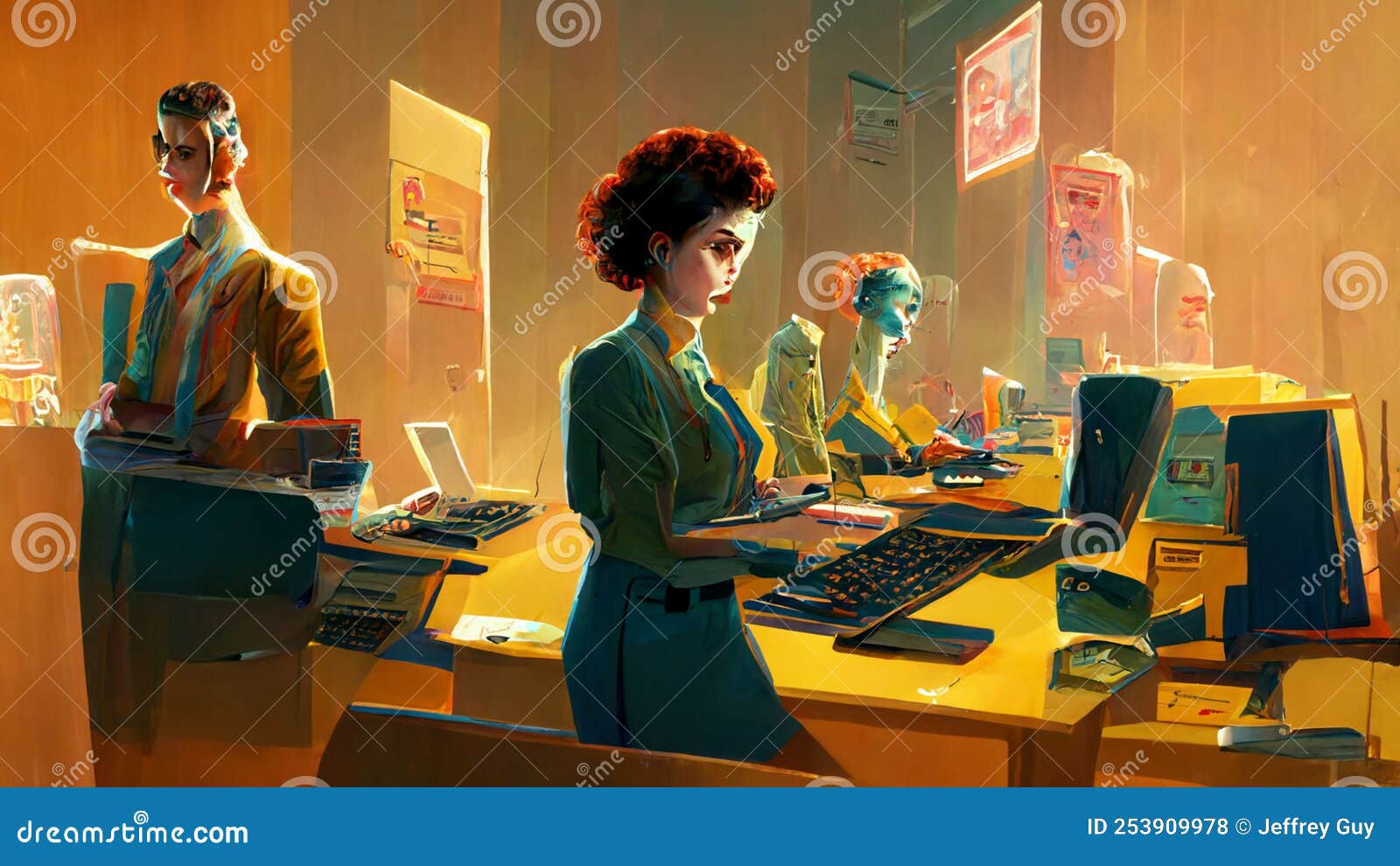 Office Staff Members in Front of Their Computers at Their Workstations ...