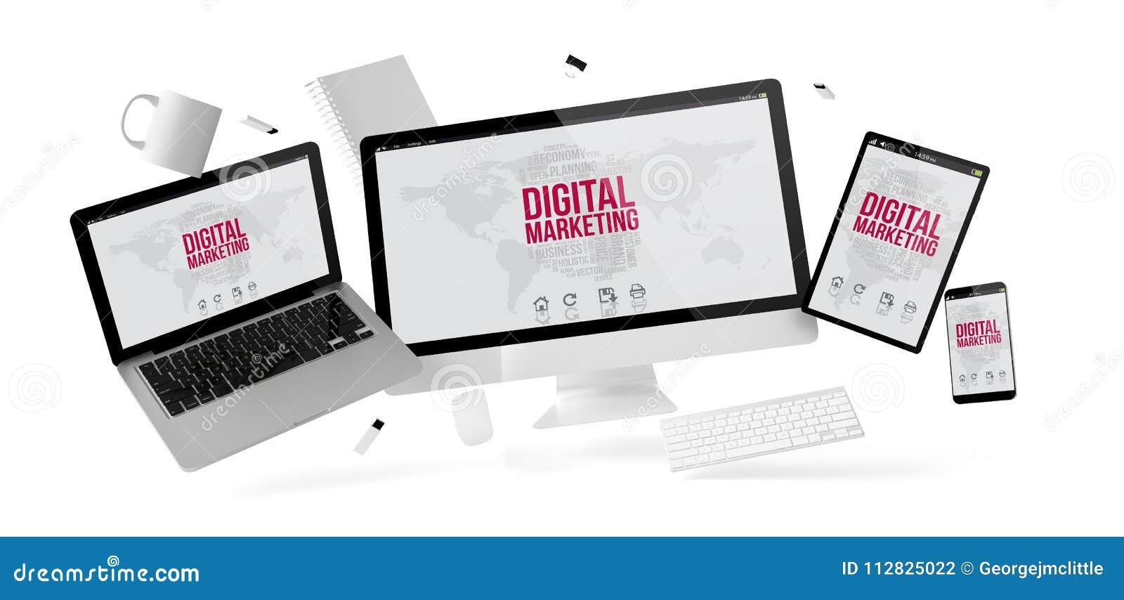 Office Stuff and Devices Floating with Digital Marketing Stock ...