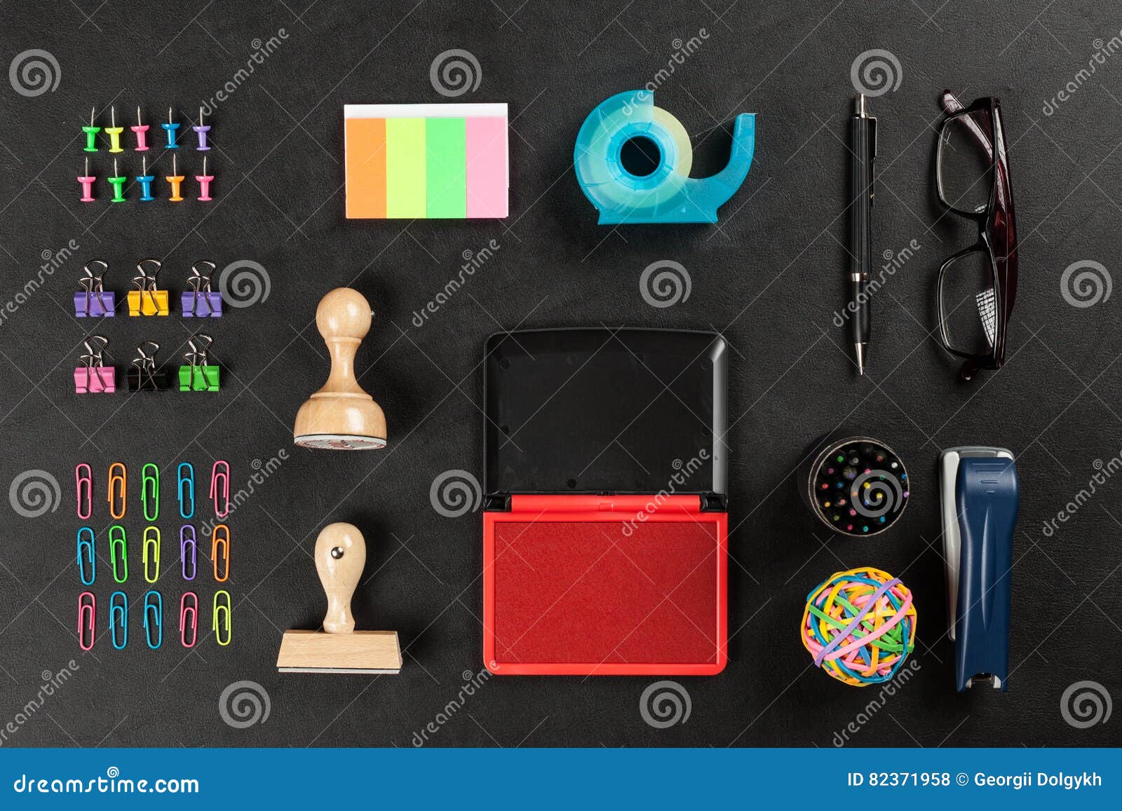 Office Supplies on a Black Table Stock Photo - Image of desktop, scotch ...