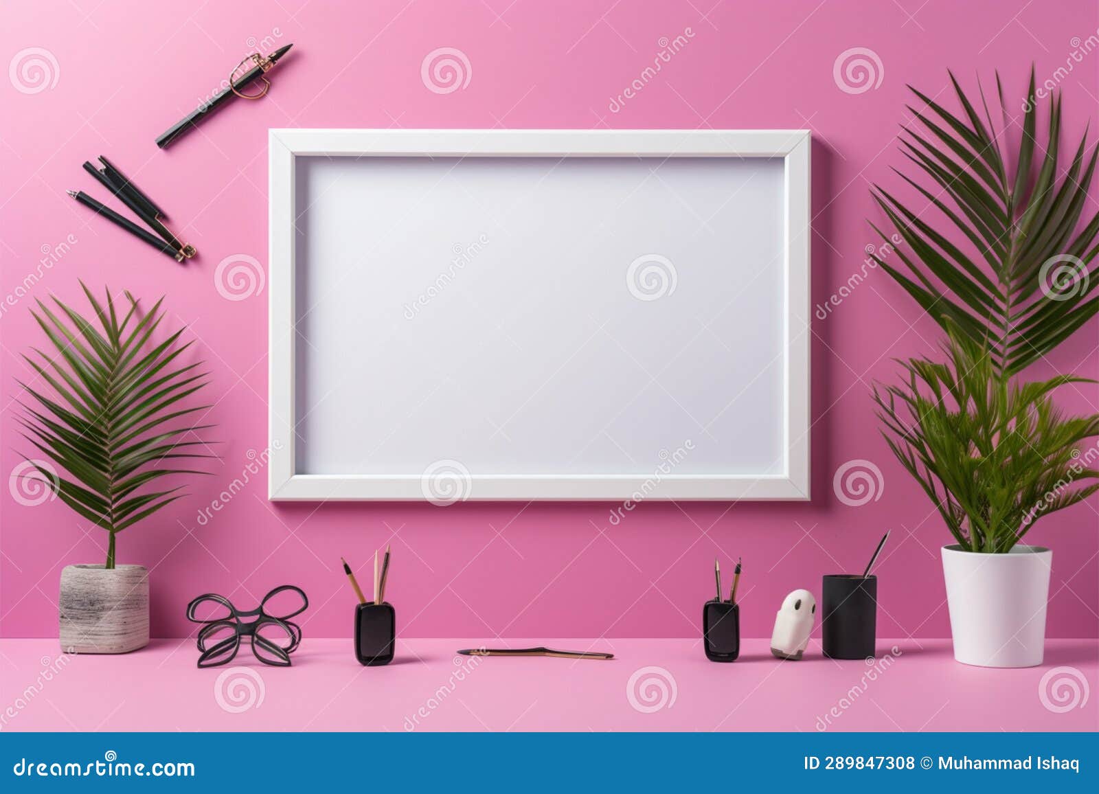 Office Supplies Frame a White Frame on a Vibrant Pink Backdrop Stock ...