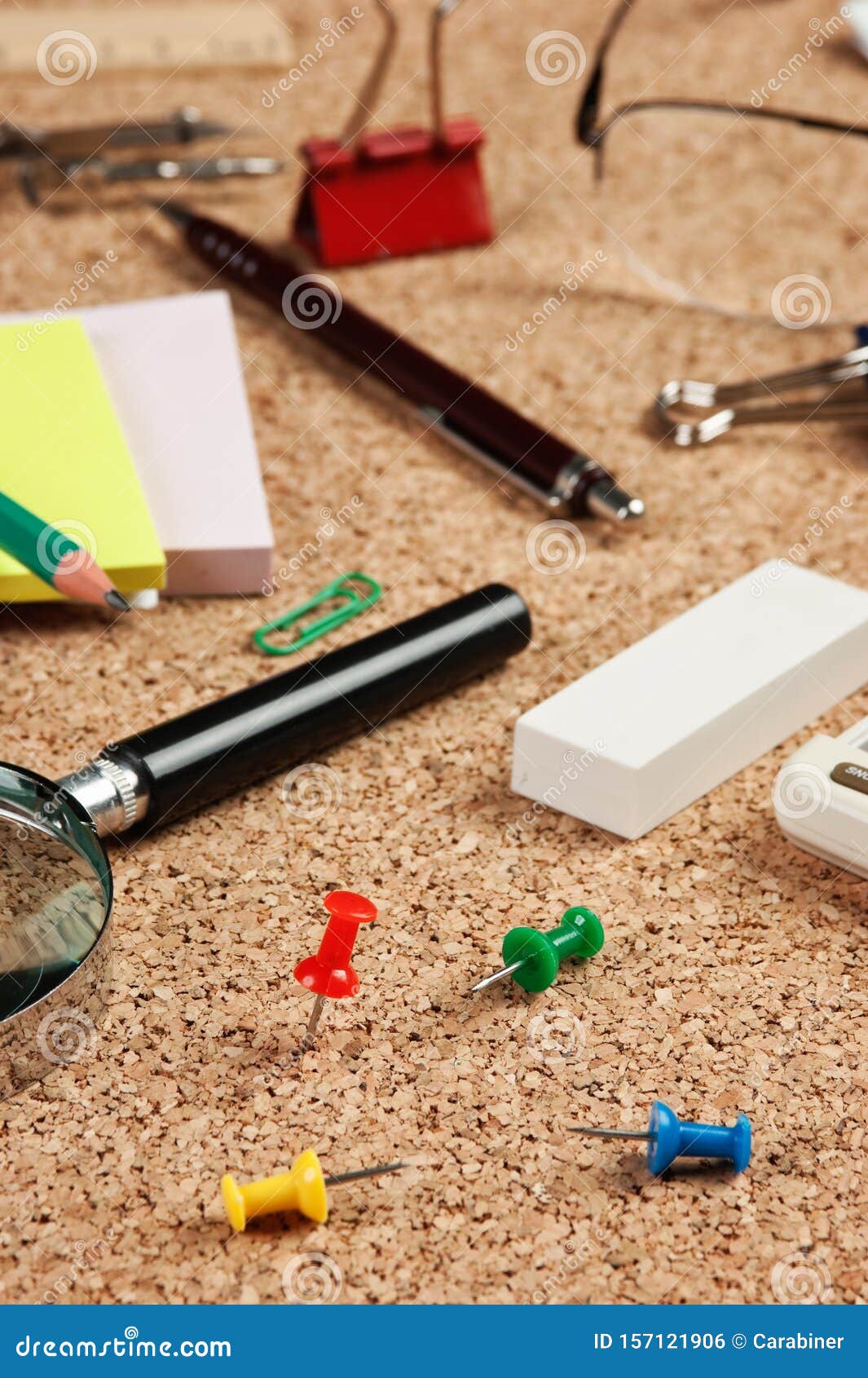 Office supplies in a mess stock photo. Image of reminder - 157121906