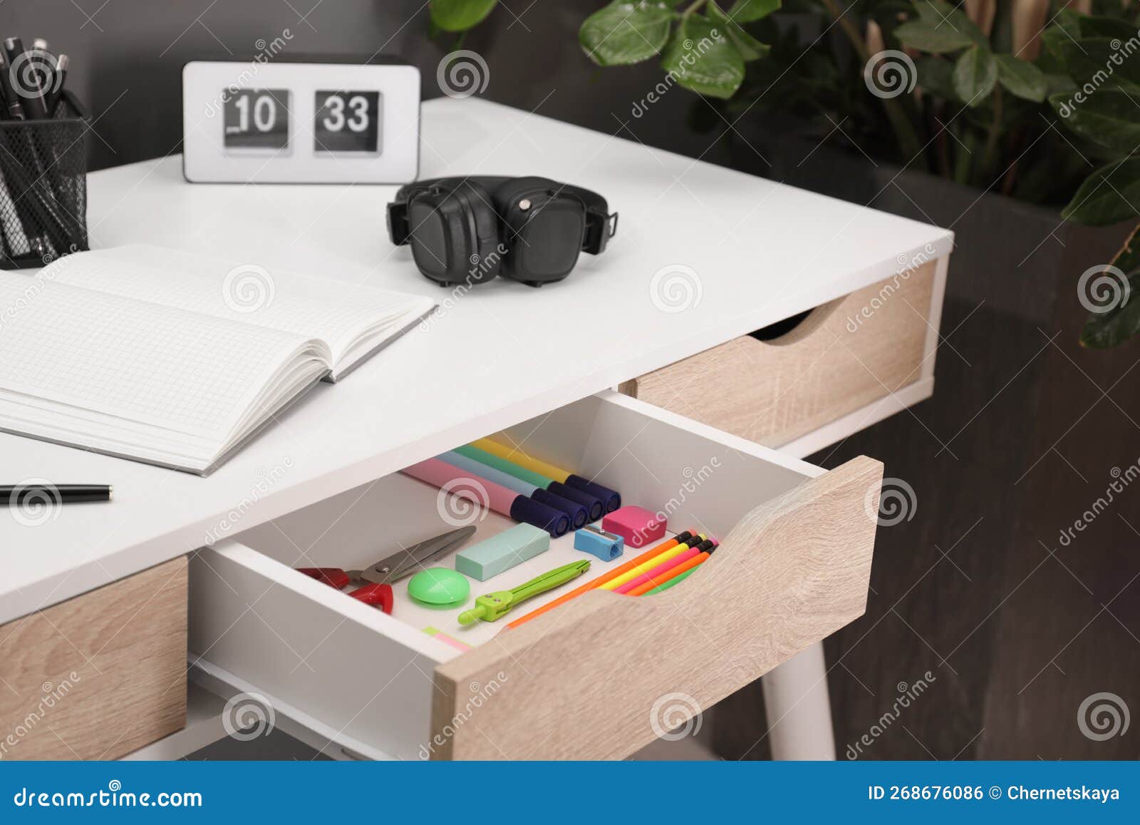 Office Supplies in Open Desk Drawer Stock Photo - Image of markers ...