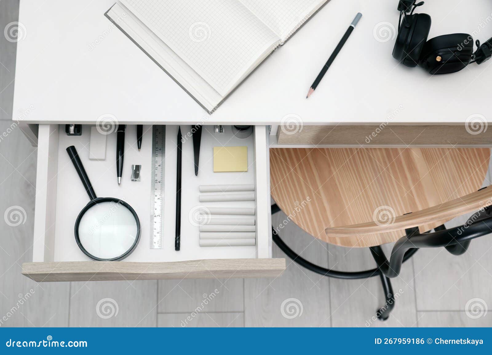 Office Supplies in Open Desk Drawer Stock Photo - Image of notes, floor ...