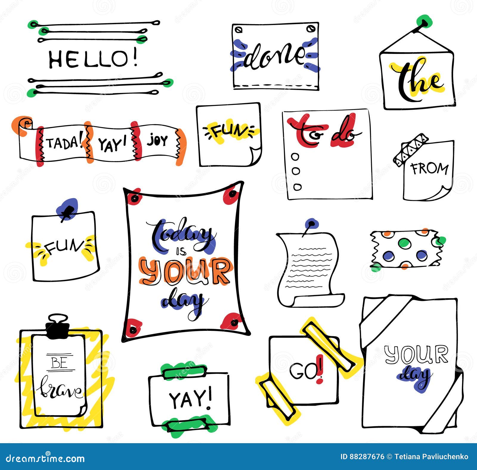 Office Supplies. Set of Hand Drawn Colorful Isolated Doodle Note Stock ...