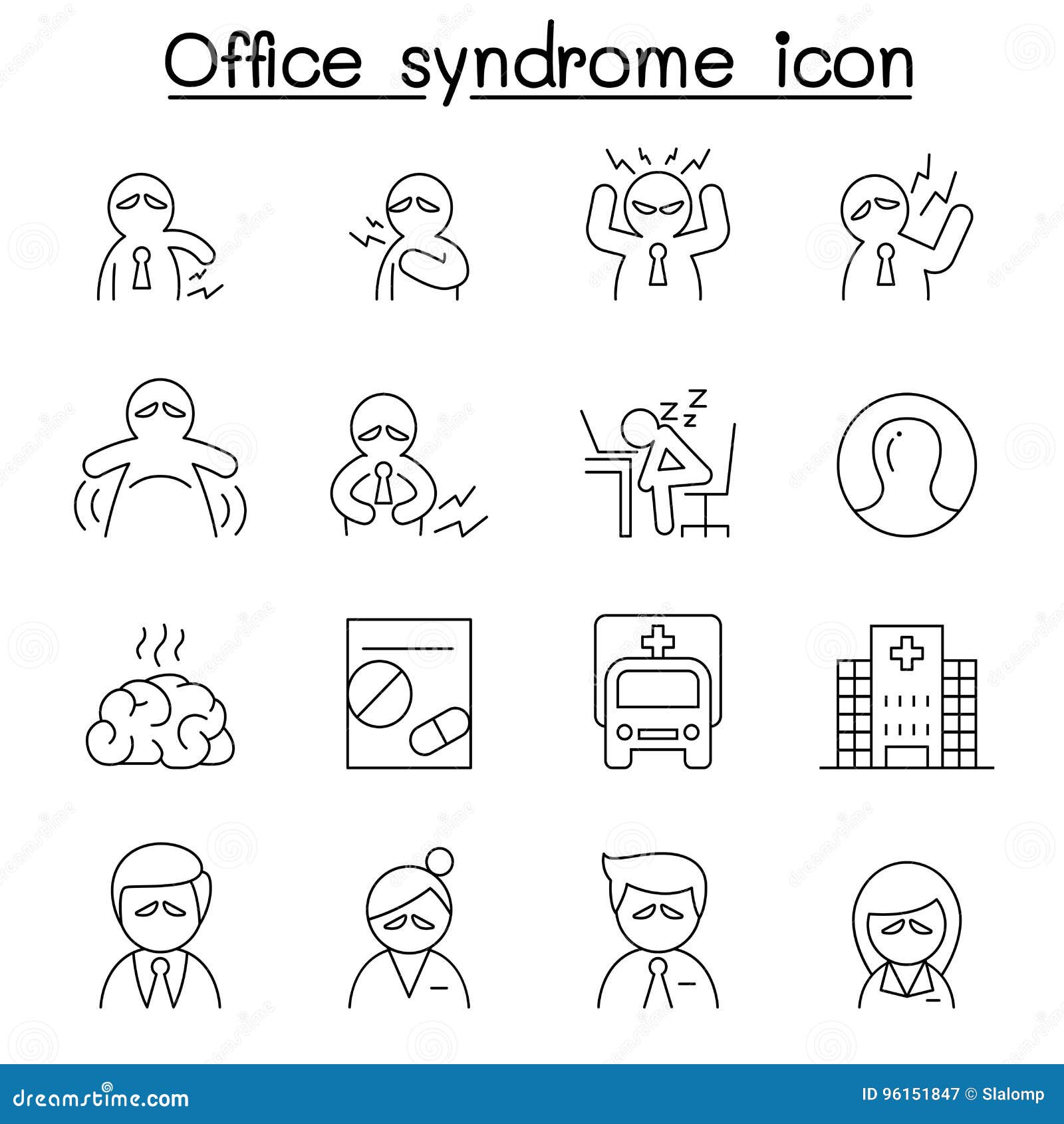Office Syndrome Icon Set in Thin Line Style Stock Vector - Illustration ...