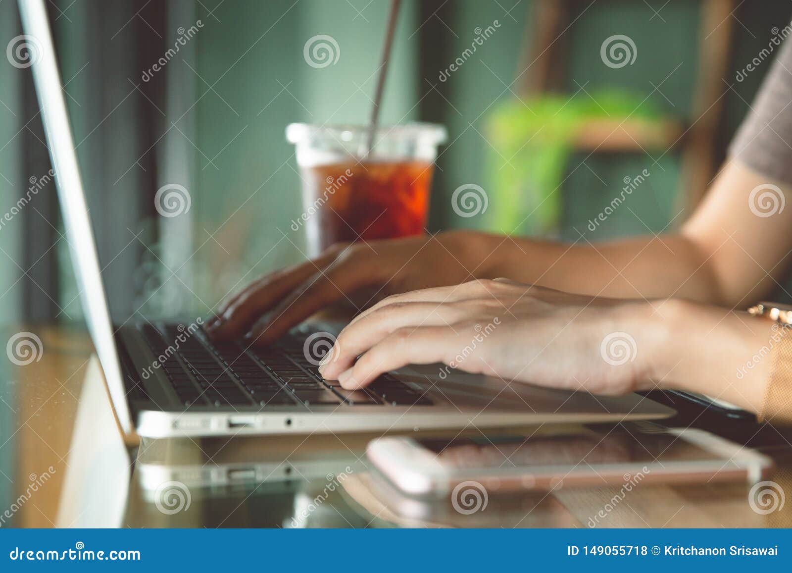 Side View of Female Hand Typing Keyboard with Copy Space in Cafe ...