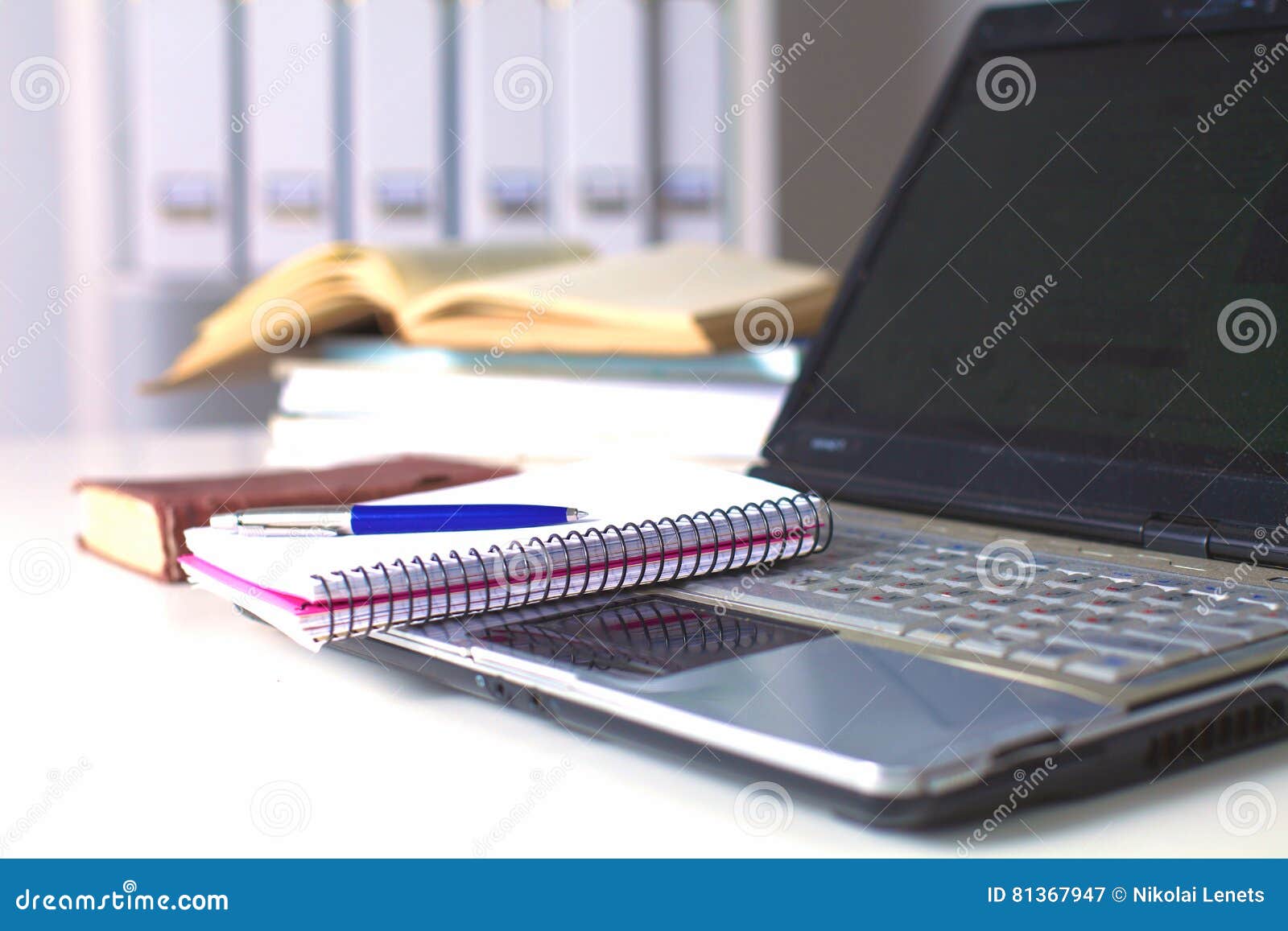 Office Table with Blank Notepad and Laptop Stock Image - Image of ...
